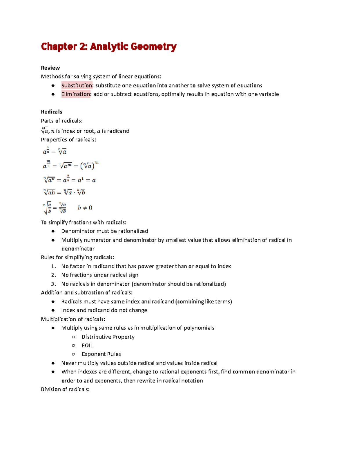 Chapter 2 Analytic Geometry - Chapter 2: Analytic Geometry Review Methods for solving system of ...
