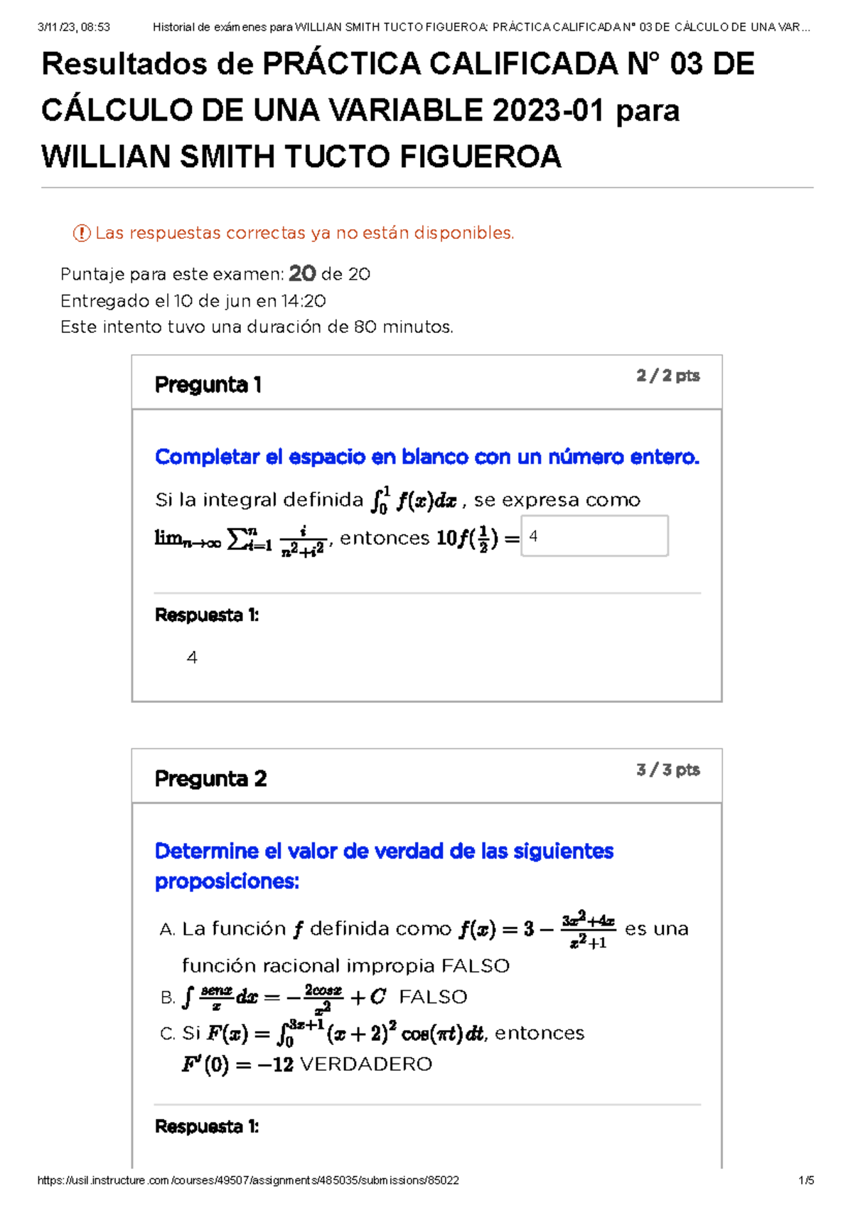 Práctica Calificada N° 03 DE Cálculo DE UNA Variable 2023-01 Willian Smith Tucto Figueroa ...