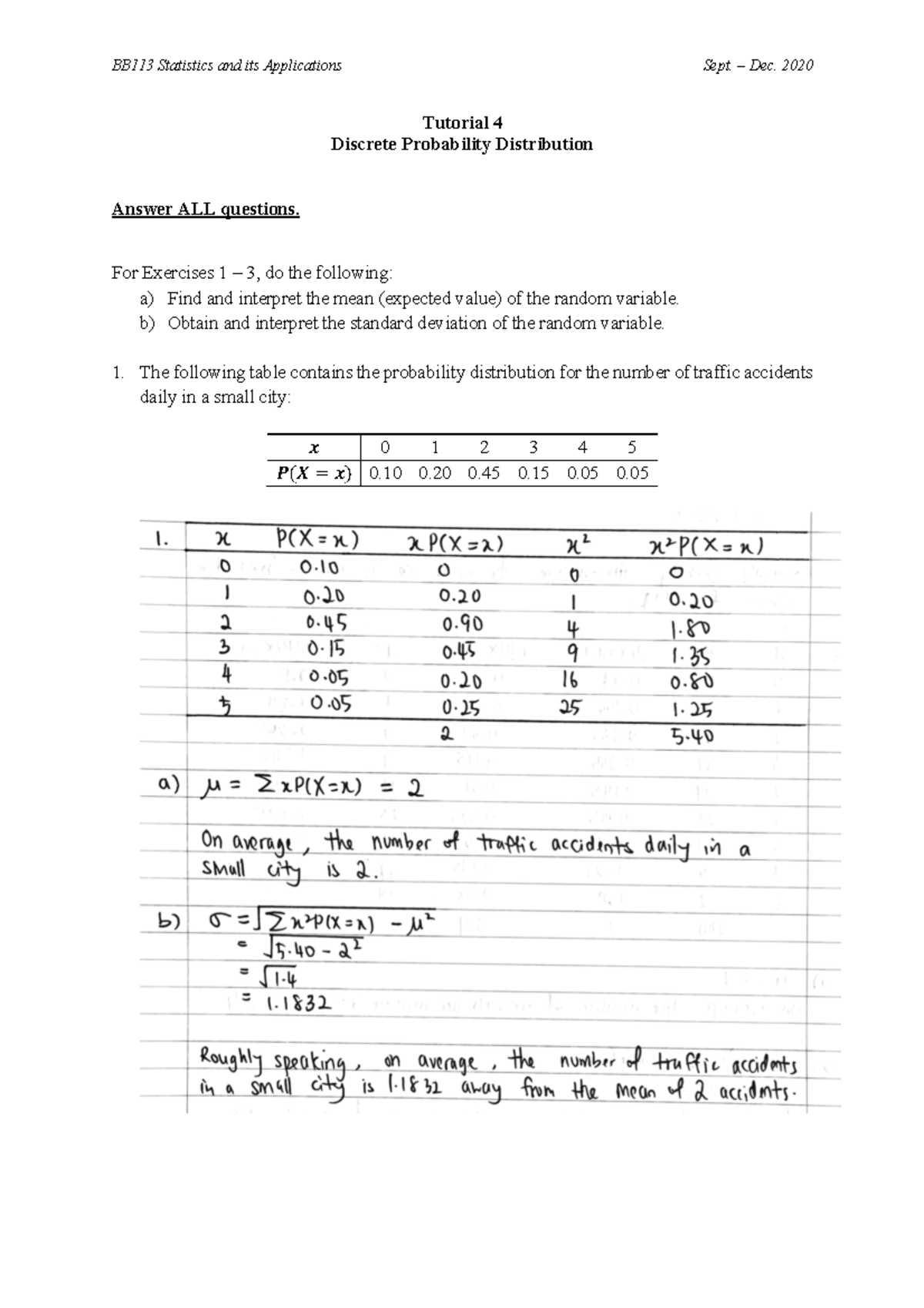 Tutorial 4 Topic 4 Solution - BB113 Statistics and its Applications Sept. 3 Dec. 2020 Tutorial 4 ...