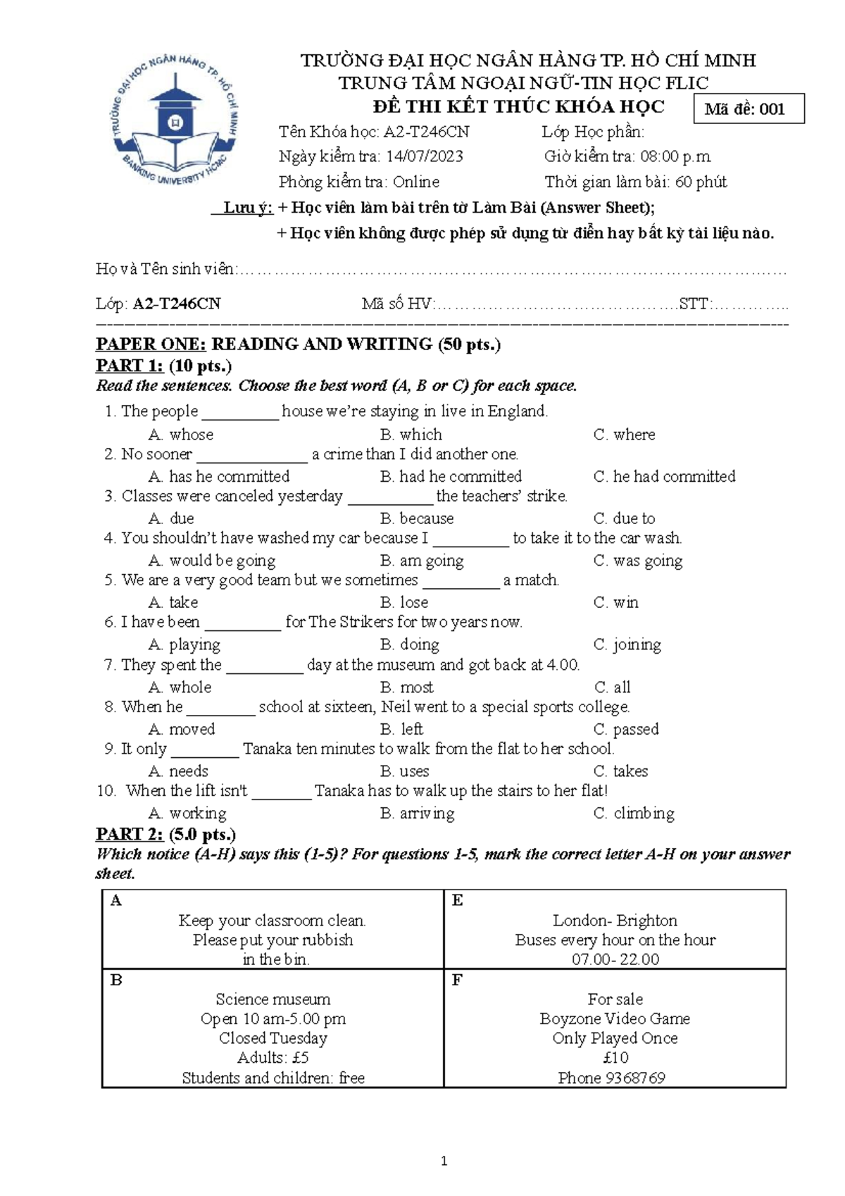 TTNN TH-FLIC-ĐỀ-KT-A2-140723 - TRƯỜNG ĐẠI HỌC NGÂN HÀNG TP. HỒ CHÍ MINH ...
