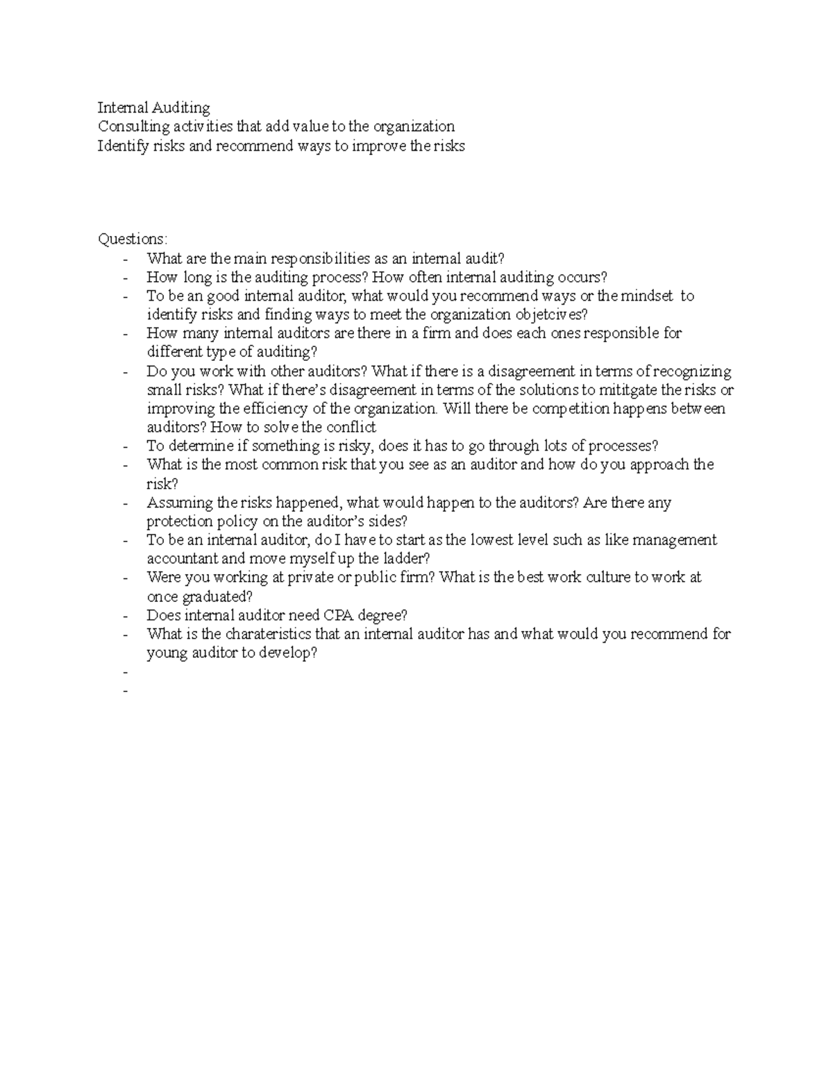 Internal Auditing Questions - Internal Auditing Consulting activities ...