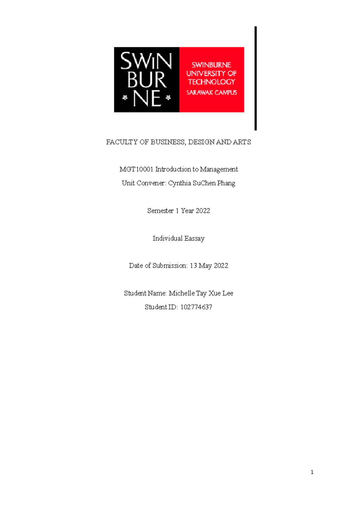 Michelle Tay Xue Lee MGT10001 Assignment 3 Individual Essay 102774637 ...