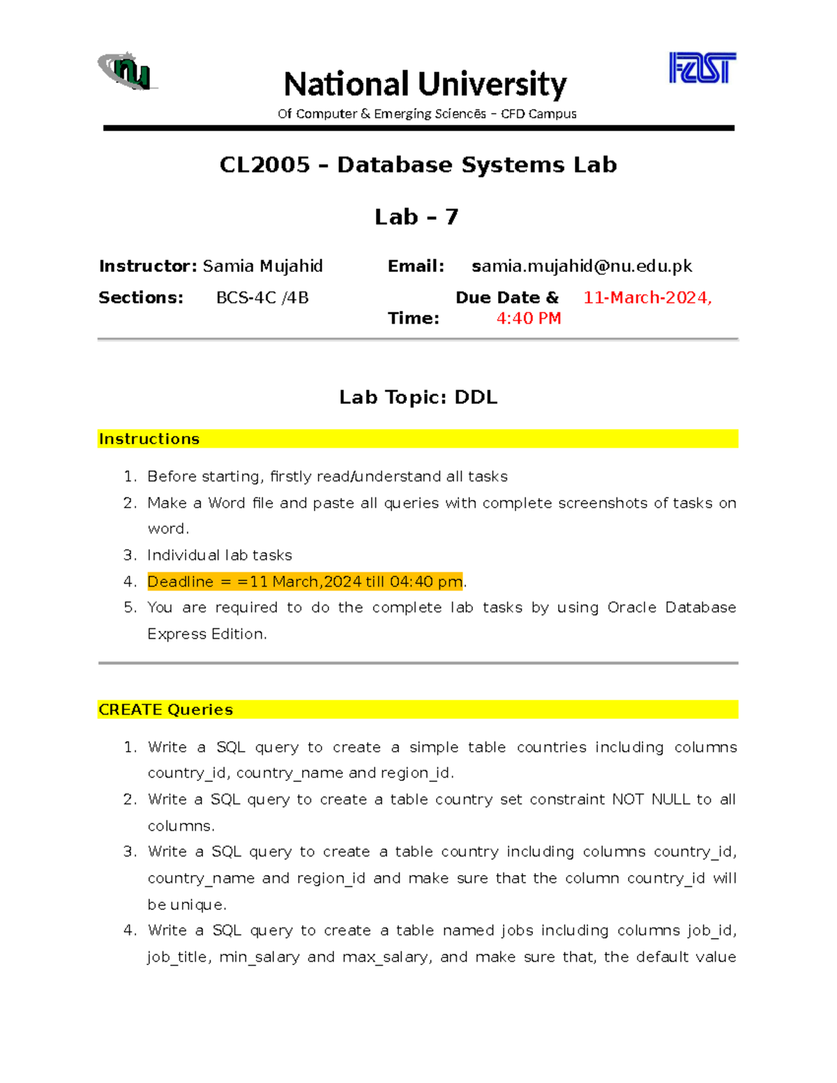 Lab 7 Tasks - CL2005 – Database Systems Lab Lab – 7 Instructor: Samia Mujahid Email: samia@nu ...