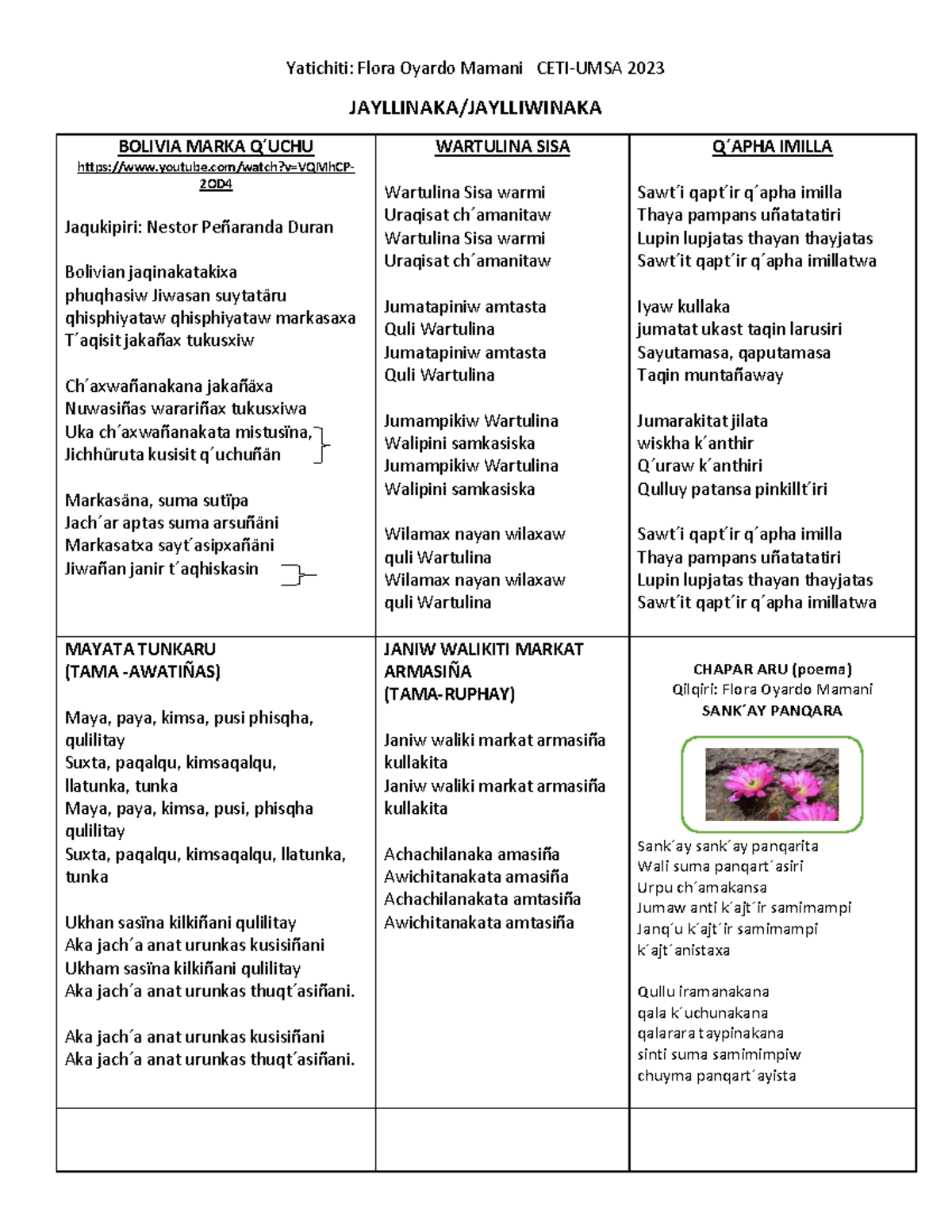 Himno nacioal ayamra poesia trabalengua adivinanza - Yatichiti: Flora ...