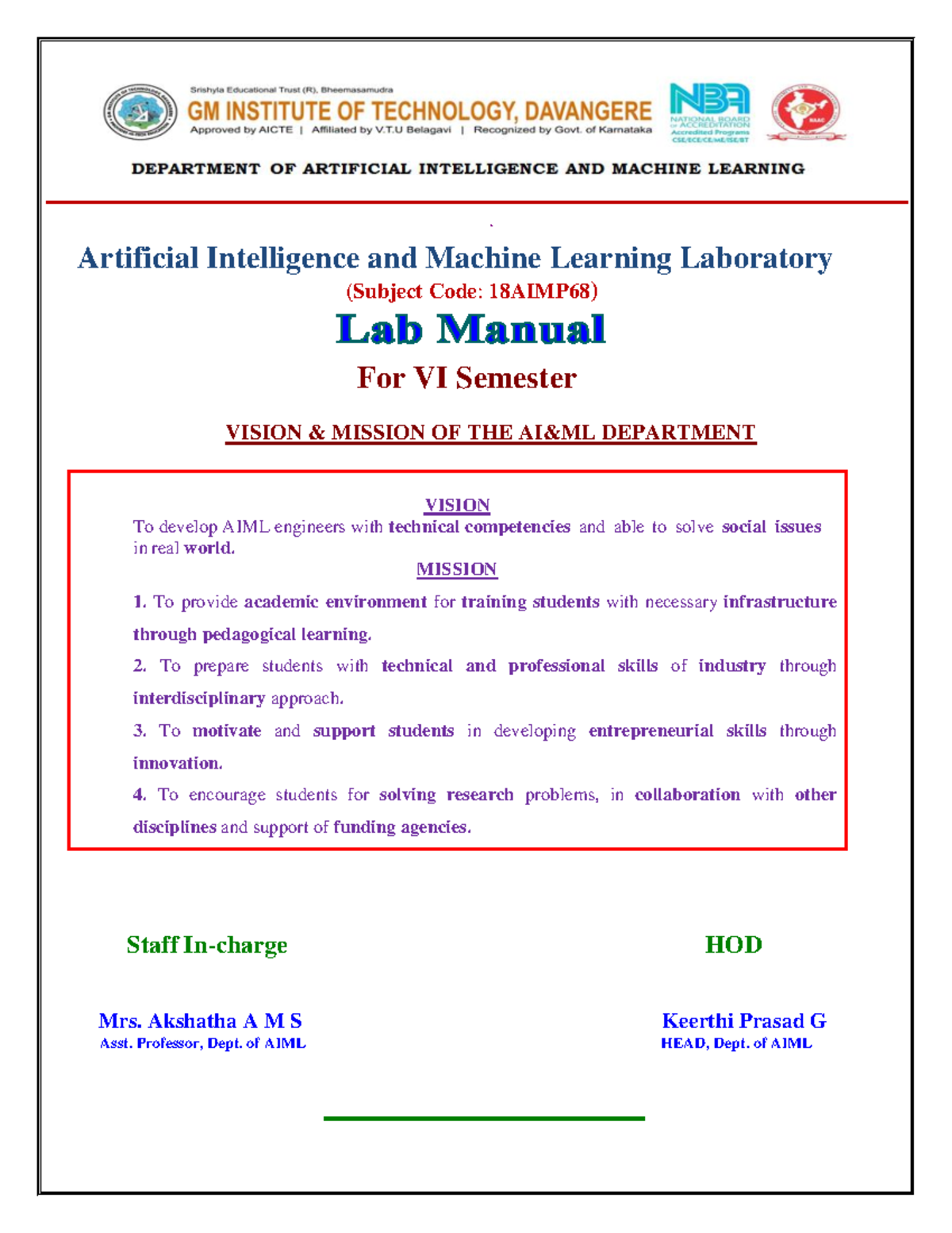 18AIMP68 - . Artificial Intelligence and Machine Learning Laboratory ...