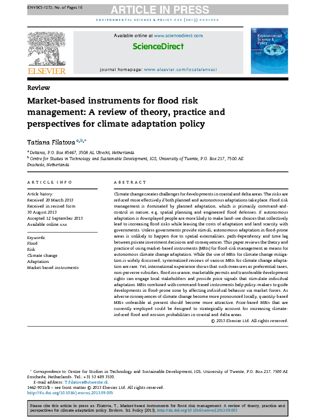 Market based instruments for flood risk - Review Market-based ...