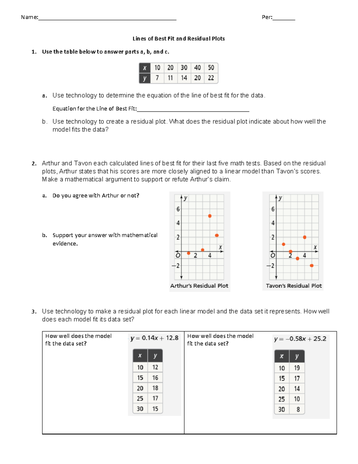 Day 10 - Lines of Best Fit and Residual Plots - Name
