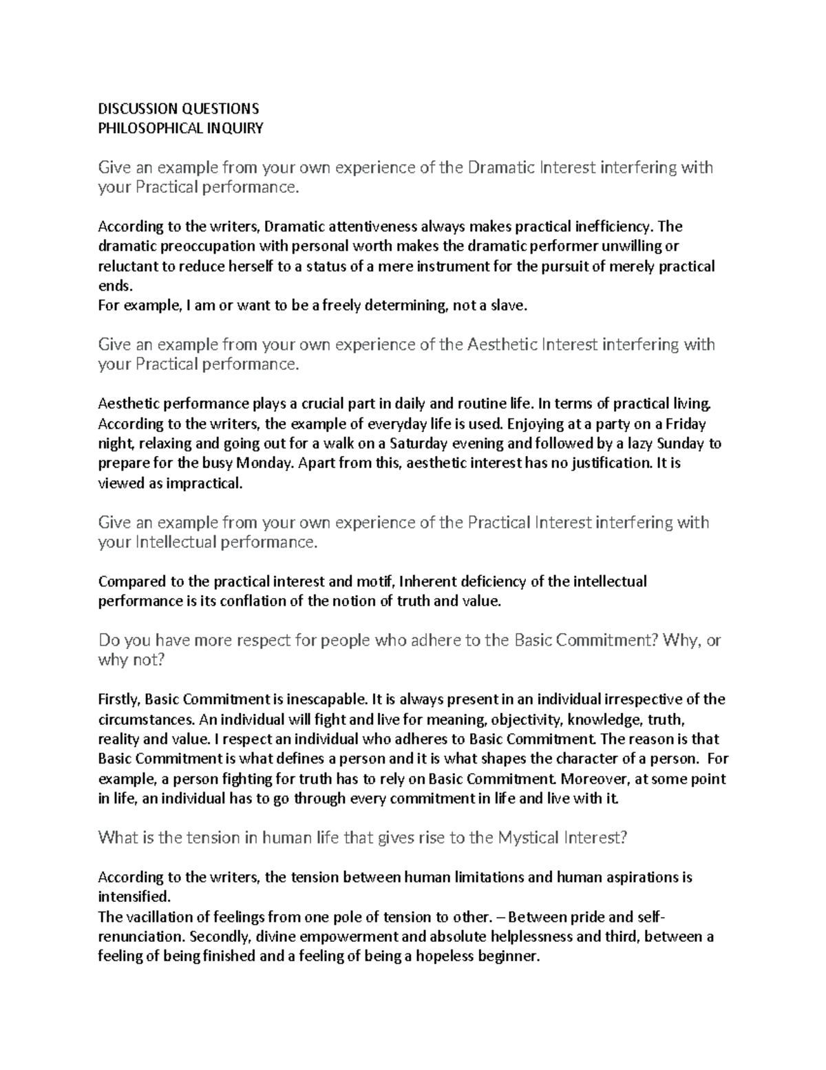 Discussion Question - Interests - DISCUSSION QUESTIONS PHILOSOPHICAL ...