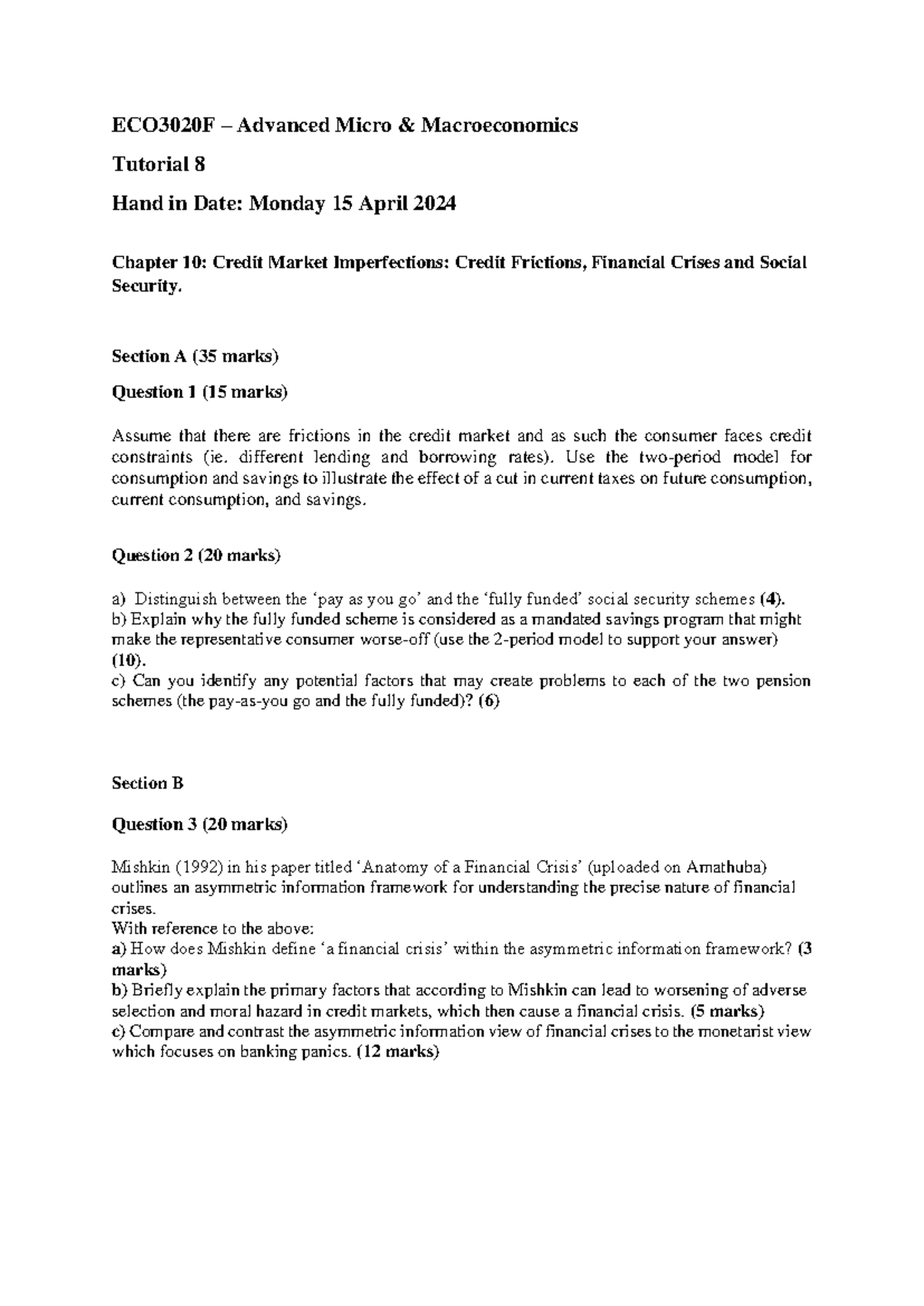 Tutorial 8 - Here is some 93% tut - ECO3020F – Advanced Micro ...