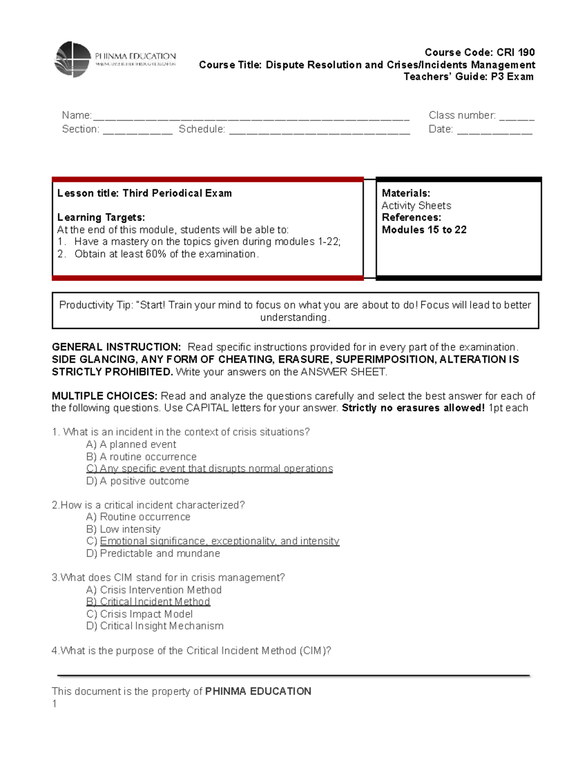 TG Third Periodical EXAM CRI 190 - Course Title: Dispute Resolution and ...
