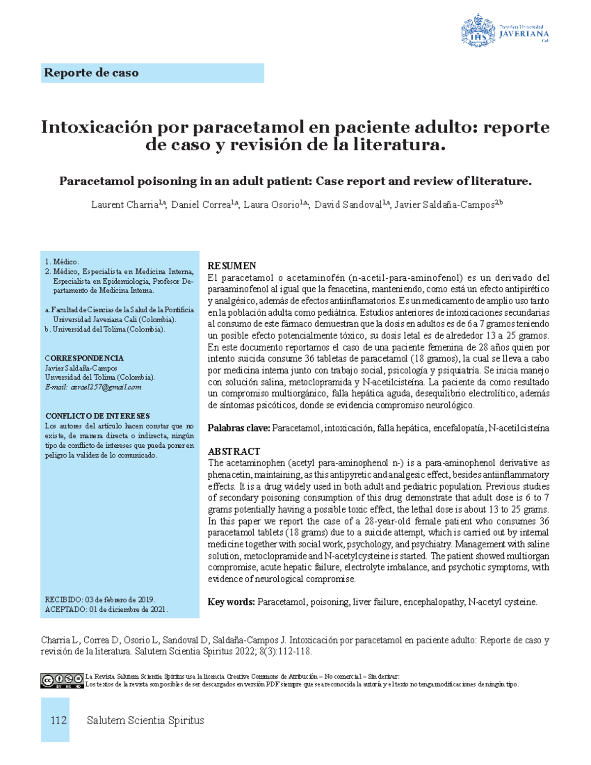 13 vol08 num03 2022 - Intoxicación por paracetamol - 112 Salutem ...