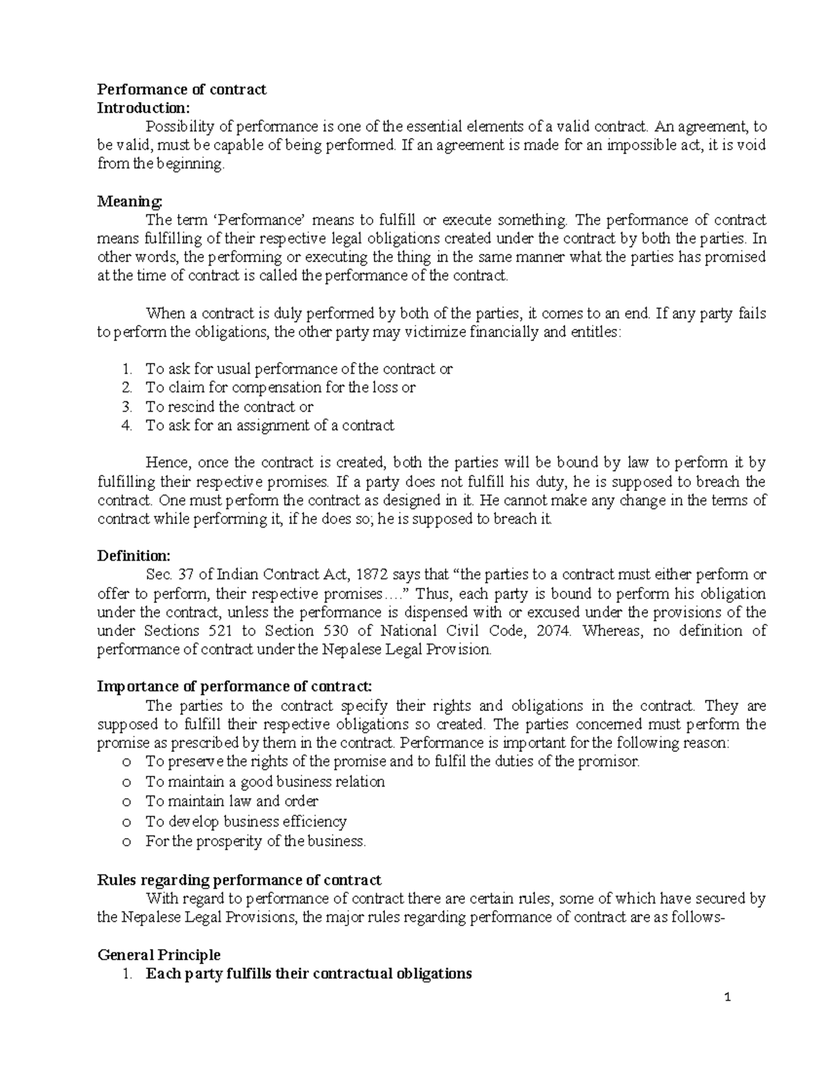 Performance of contract - Performance of contract Introduction ...