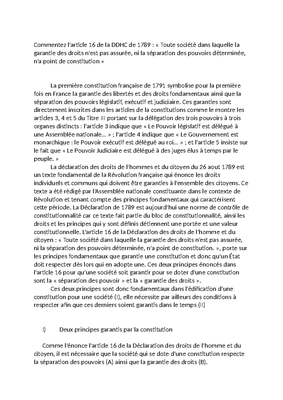 Article 16 DDHC - Commentez l’article 16 de la DDHC de 1789 : « Toute ...