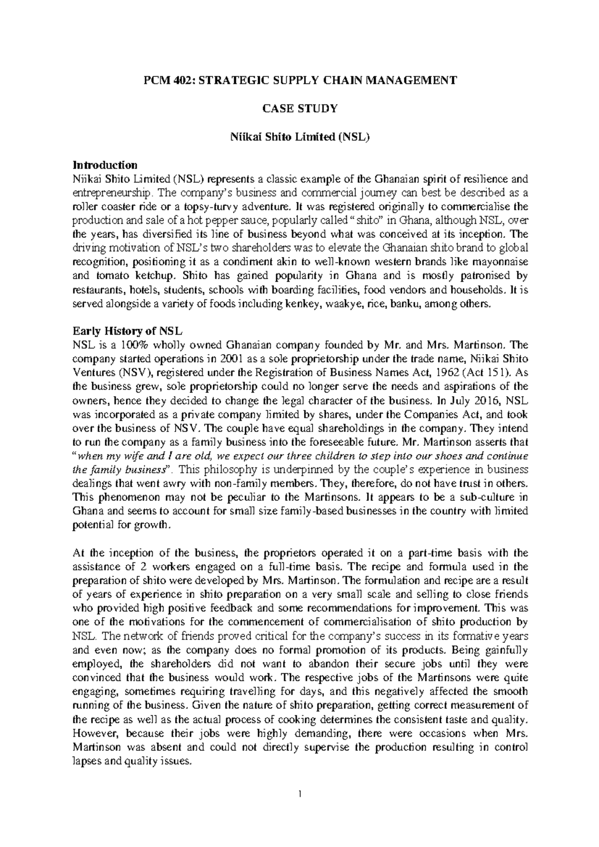 CASE Nii Kai Shito 2023 231110 - PCM 402: STRATEGIC SUPPLY CHAIN MANAGEMENT CASE STUDY Niikai ...