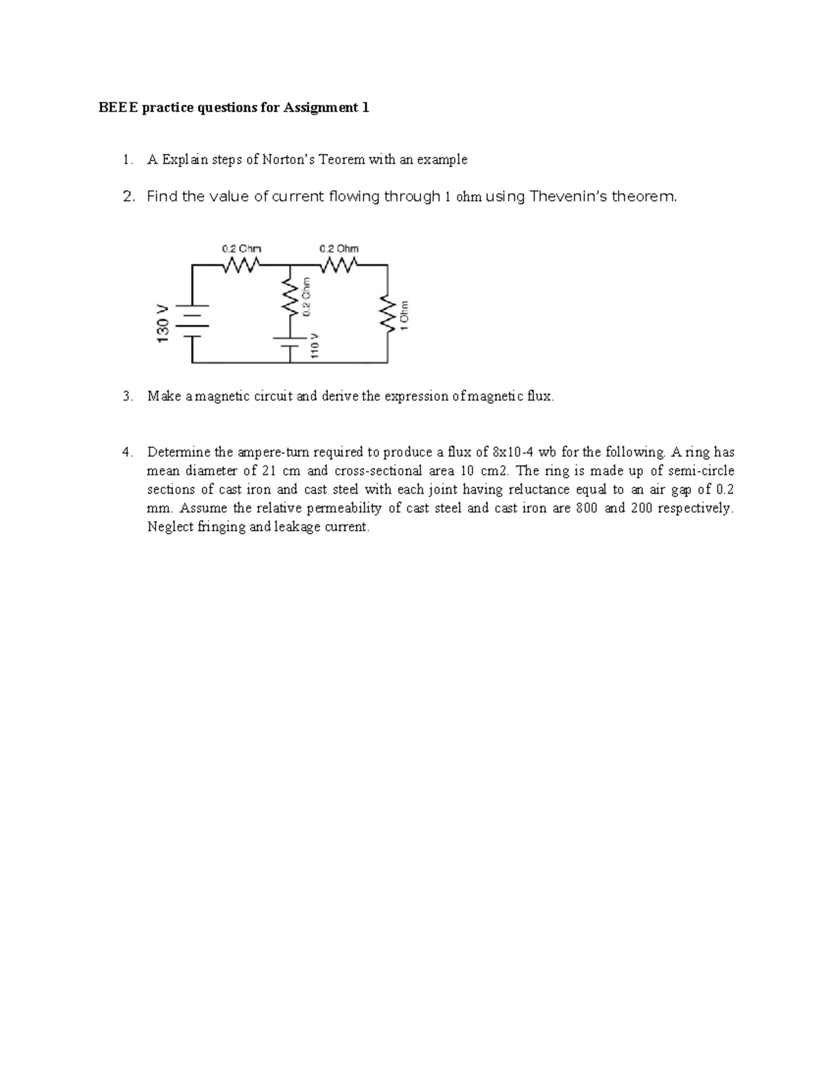 Assignment 1 of BEEE - BEEE practice questions for Assignment 1 1. A Explain steps of Norton’s ...