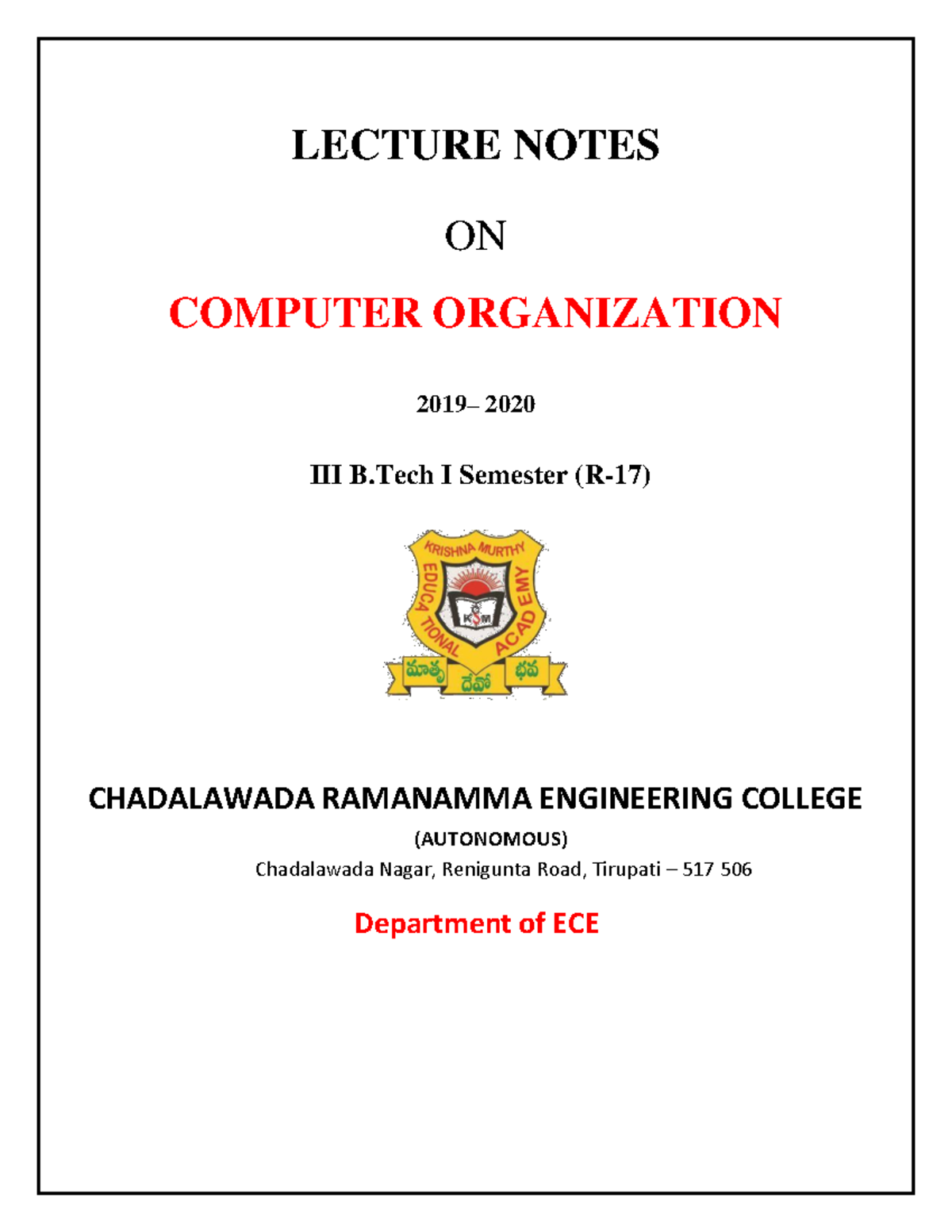 Computer Organization Notes - LECTURE NOTES ON COMPUTER ORGANIZATION ...