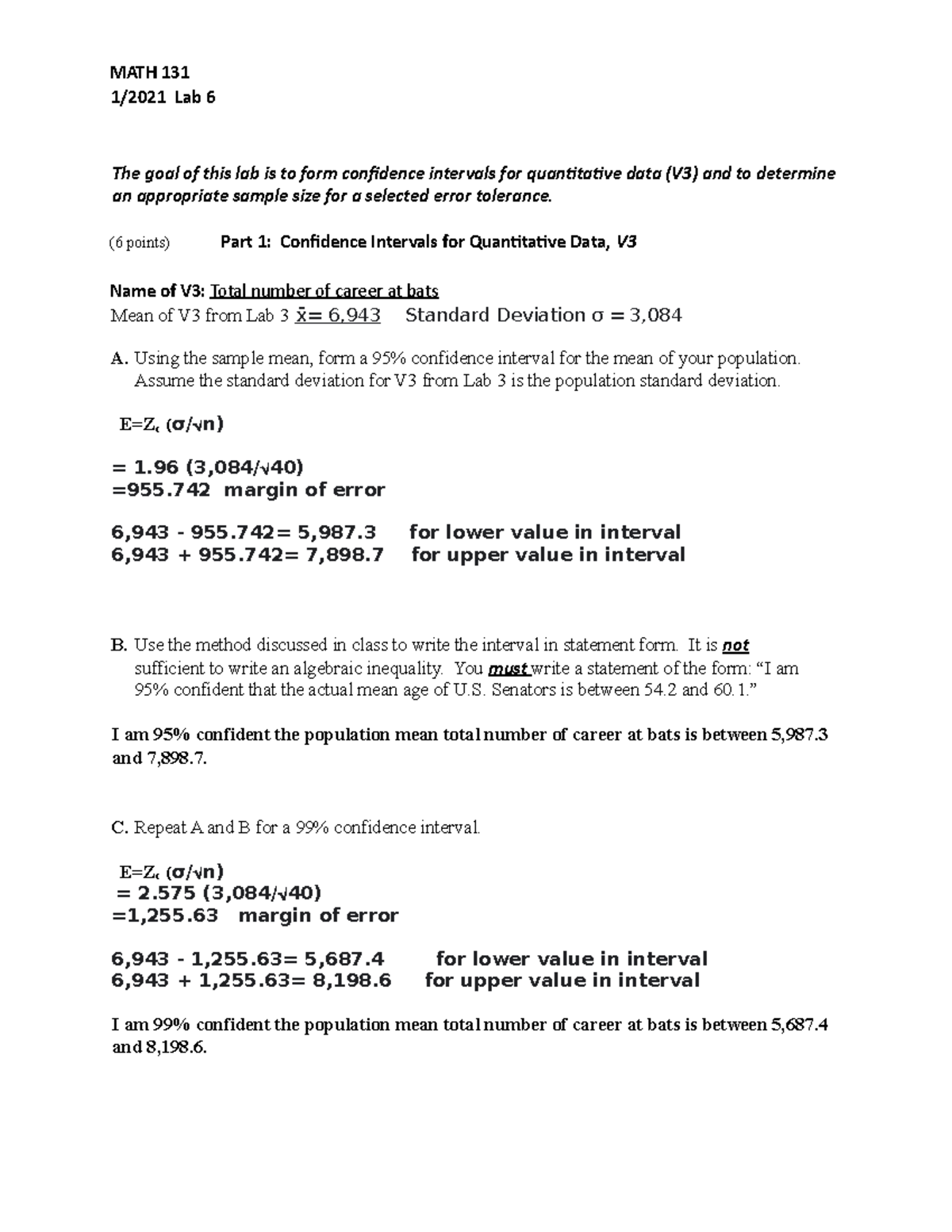 Lab 6 Lab 6 Math 131 1 2021 Lab 6 The Goal Of This Lab Is To Form Confidence Intervals For