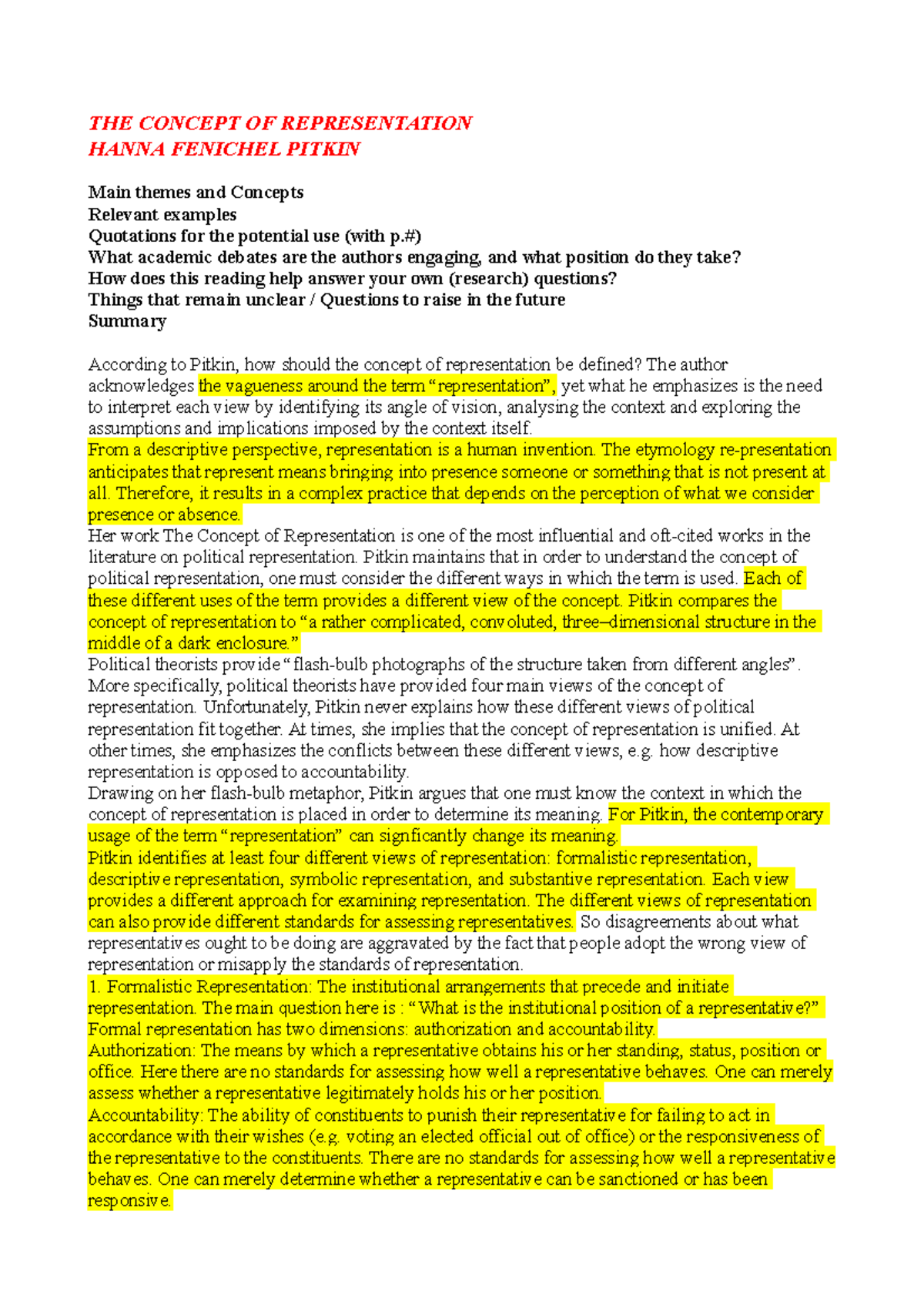 Summary of THE CONCEPT OF REPRESENTATION HANNA FENICHEL PITKIN - THE ...