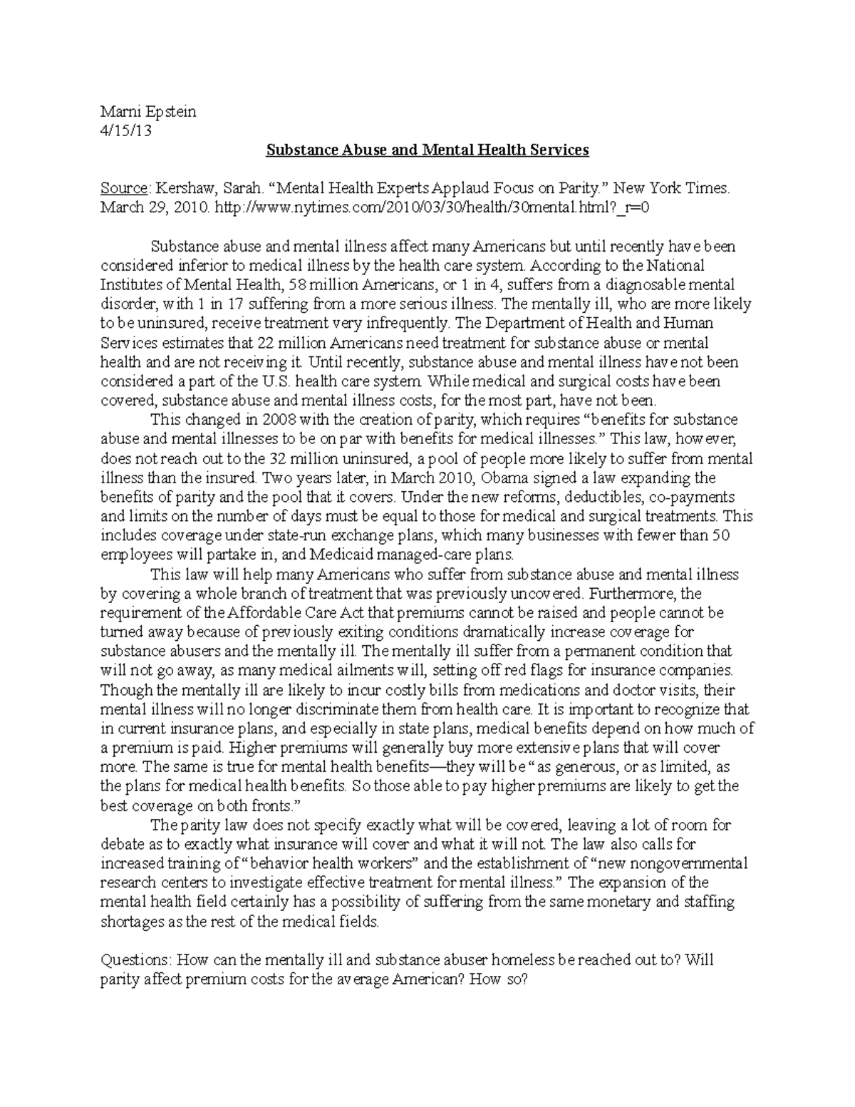 Mental illness paper - Grade: A - Marni Epstein 4/15/ Substance Abuse ...