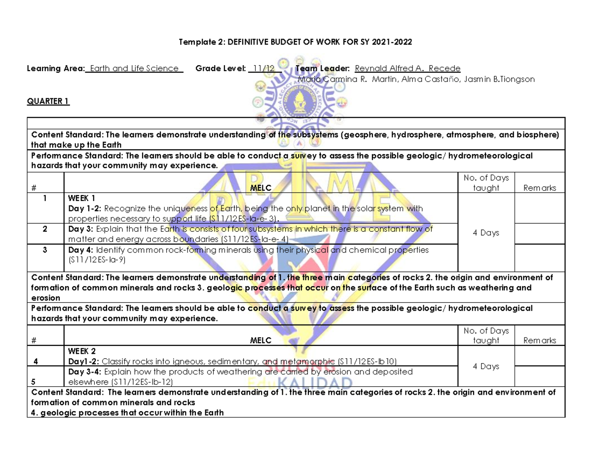 DBOW Earth-and-Life - REQUIREMNTS - Template 2: DEFINITIVE BUDGET OF ...