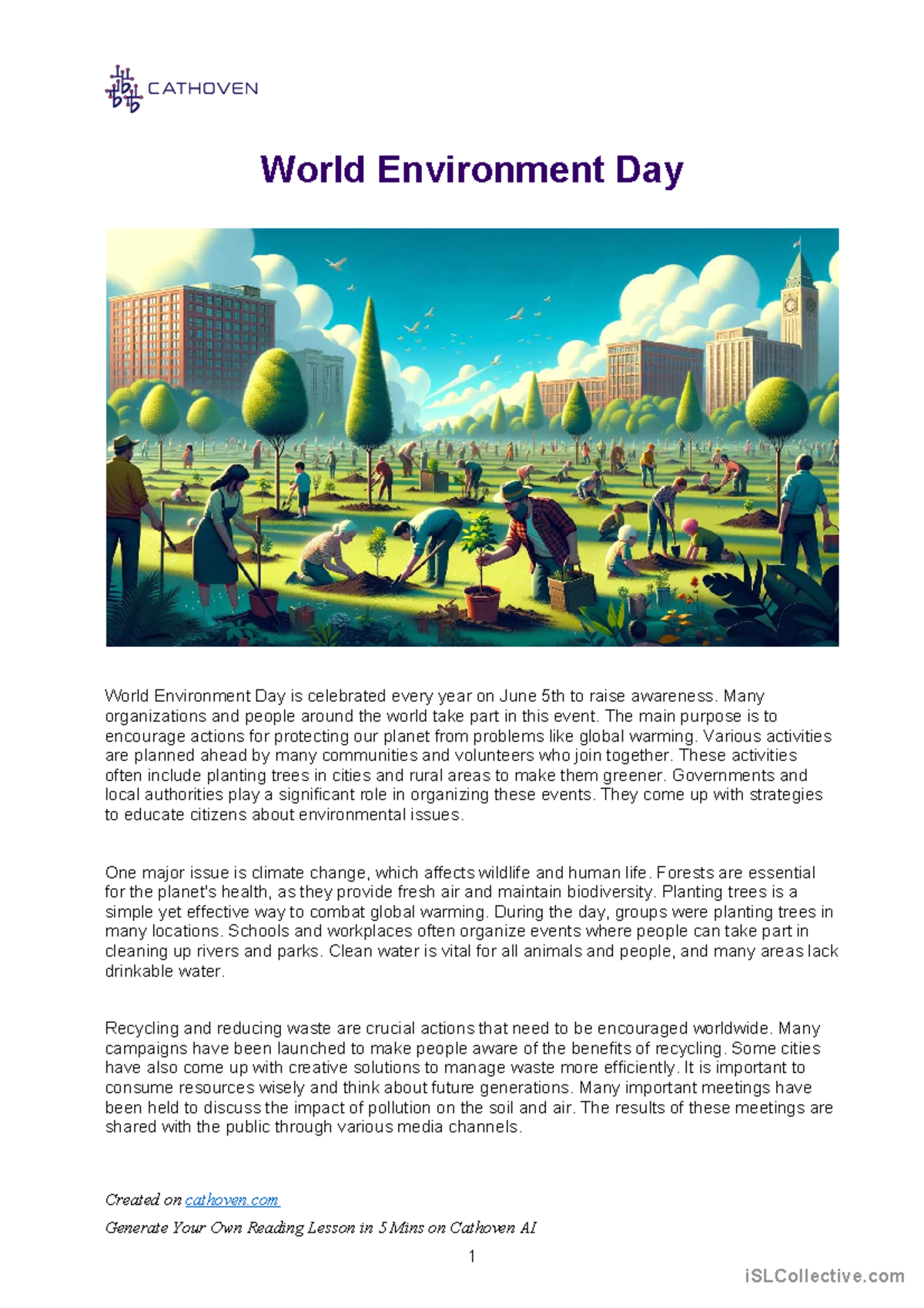 B1 - Reading Lesson - World Environment Day - Created on cathoven ...