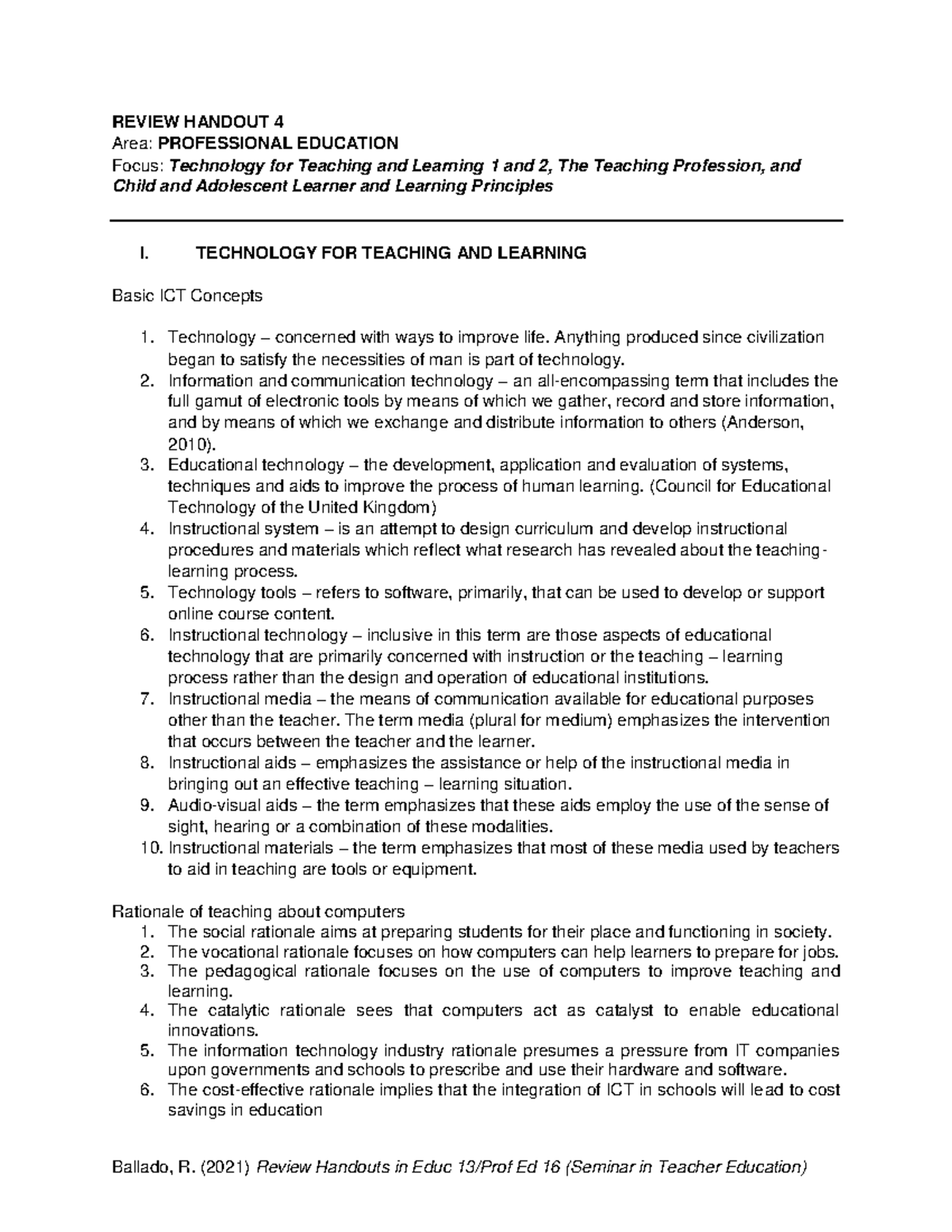 Prof Ed Review Handout 4 - REVIEW HANDOUT 4 Area: PROFESSIONAL ...