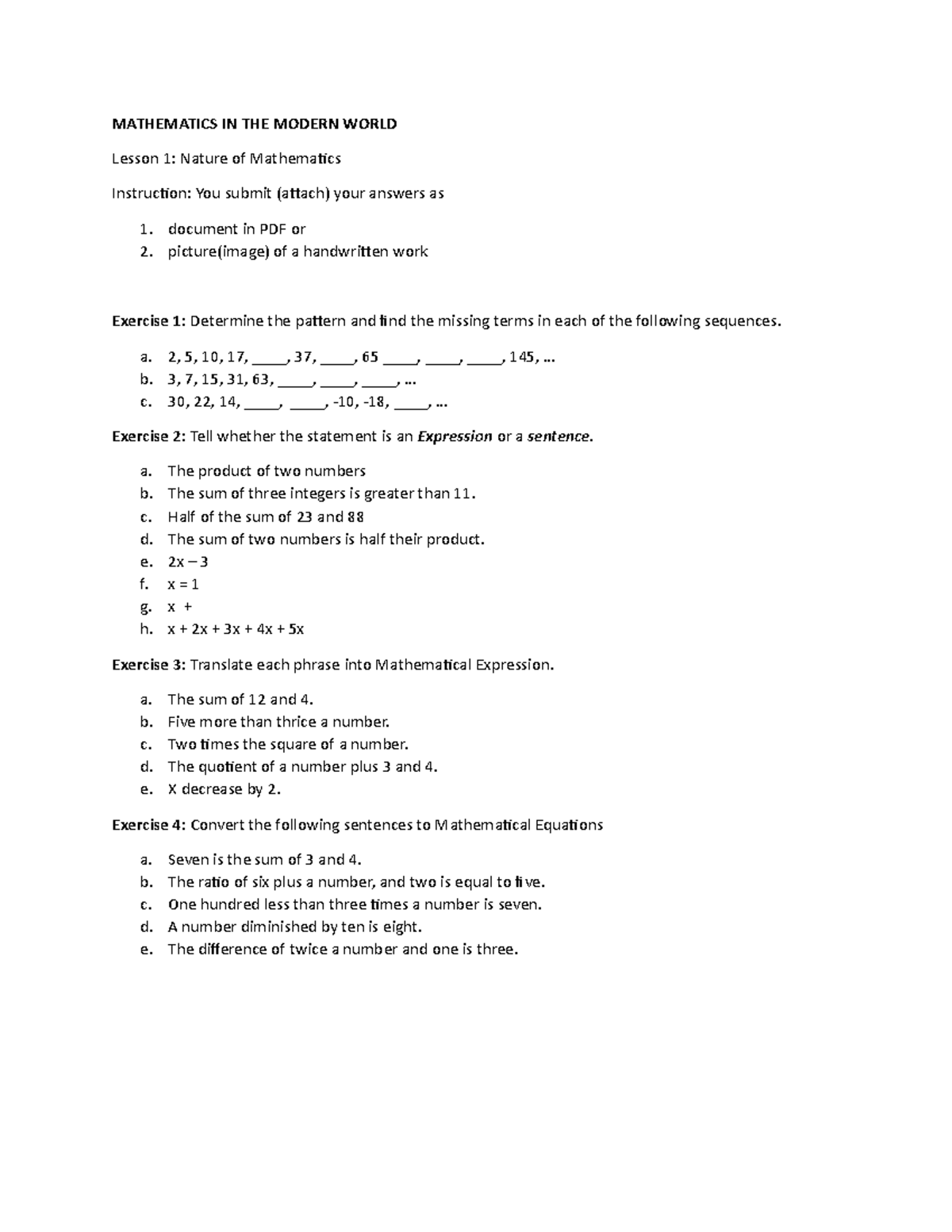 Assignment 1 Nature of Mathematics - MATHEMATICS IN THE MODERN WORLD ...