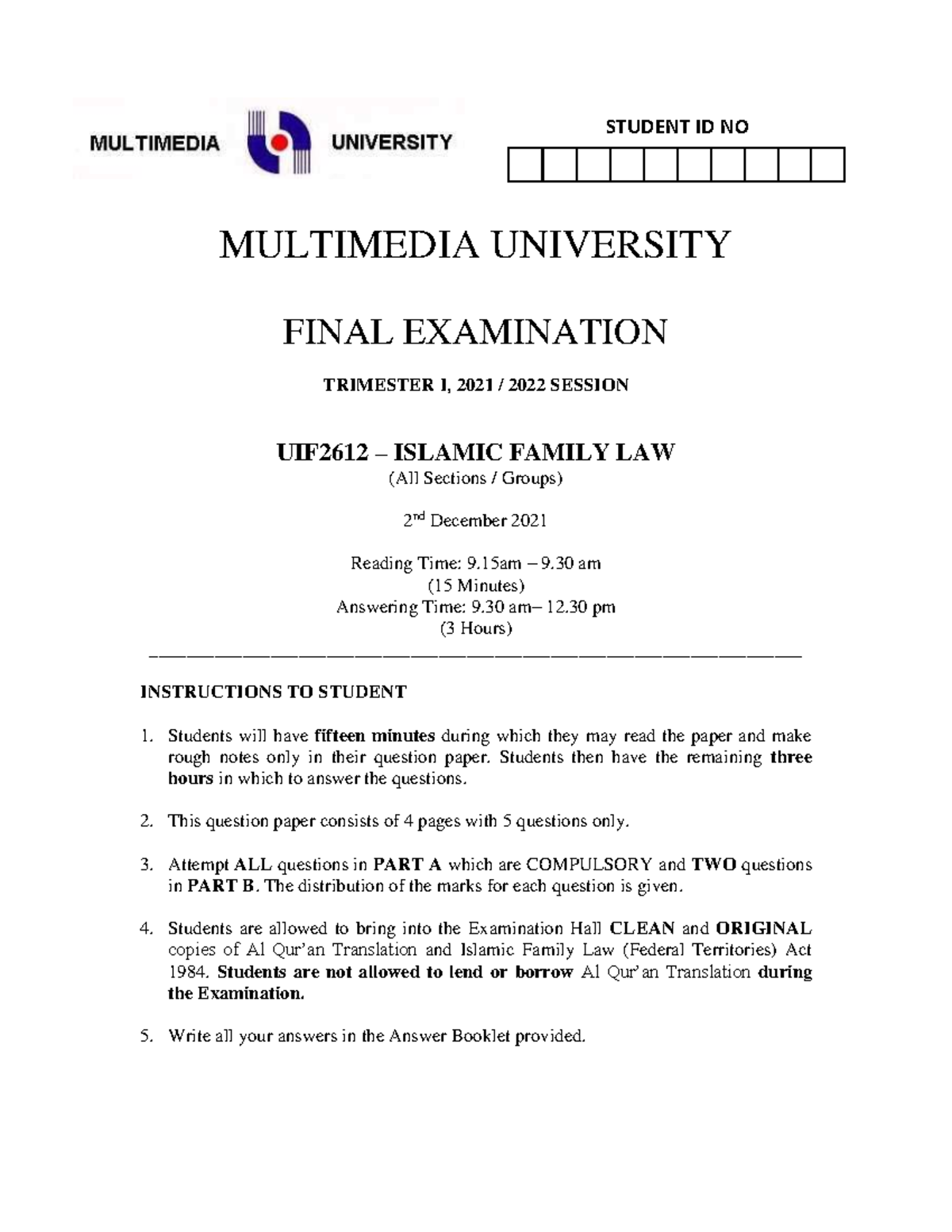 PYQ 2021 - PYQ 2021 - MULTIMEDIA UNIVERSITY FINAL EXAMINATION TRIMESTER ...