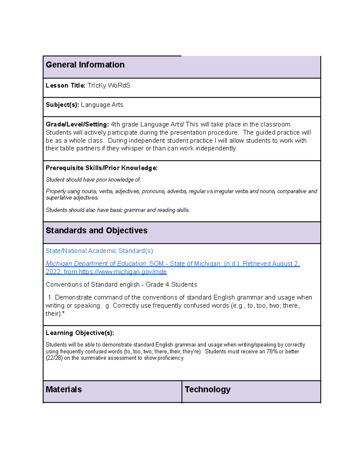 C909 TASK 1 - assignments - General Information Lesson Title: TrIcKy WoRdS Subject(s): Language ...
