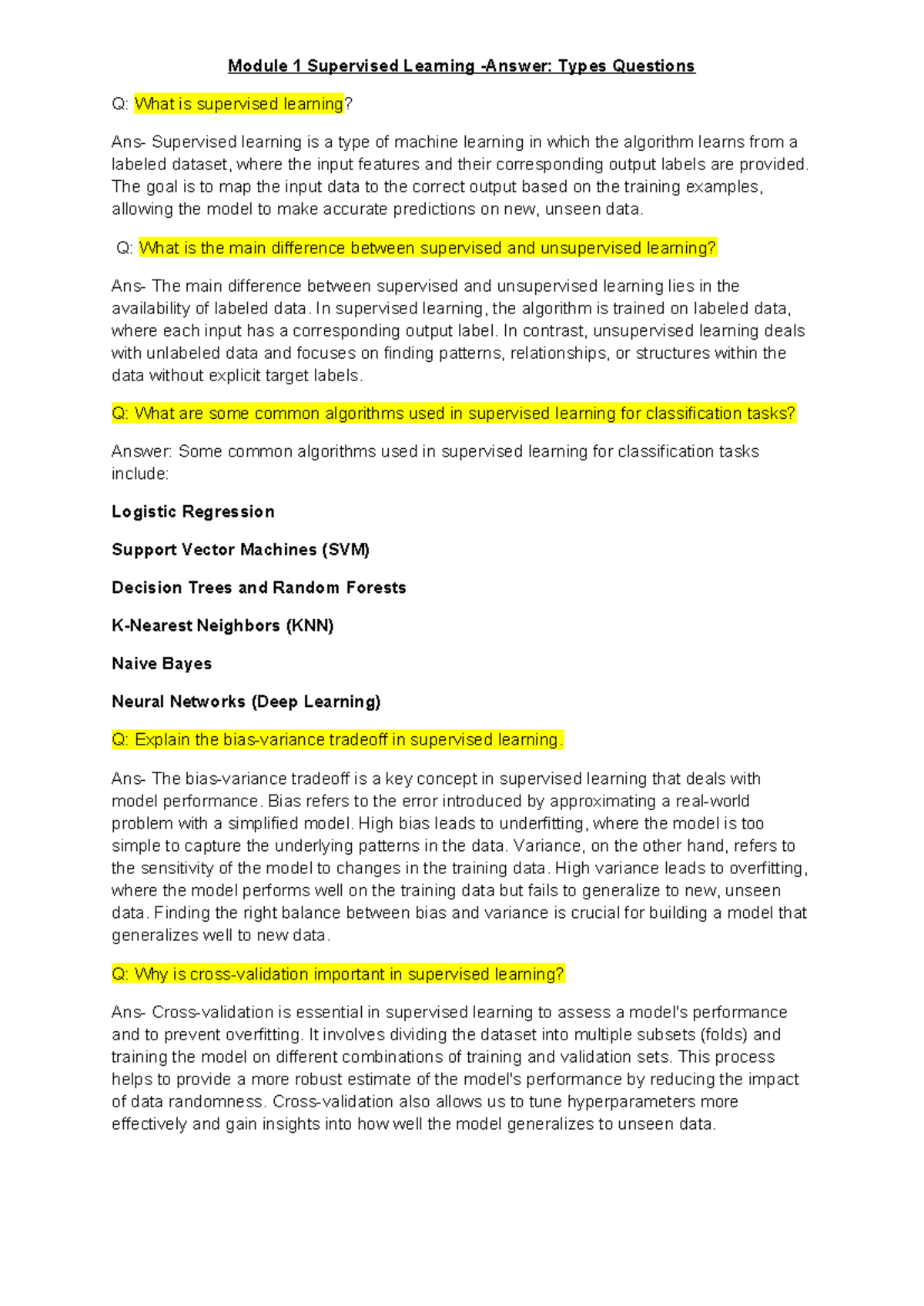 Module 1 Supervised Learning short ans type ques part1 - Module 1 ...