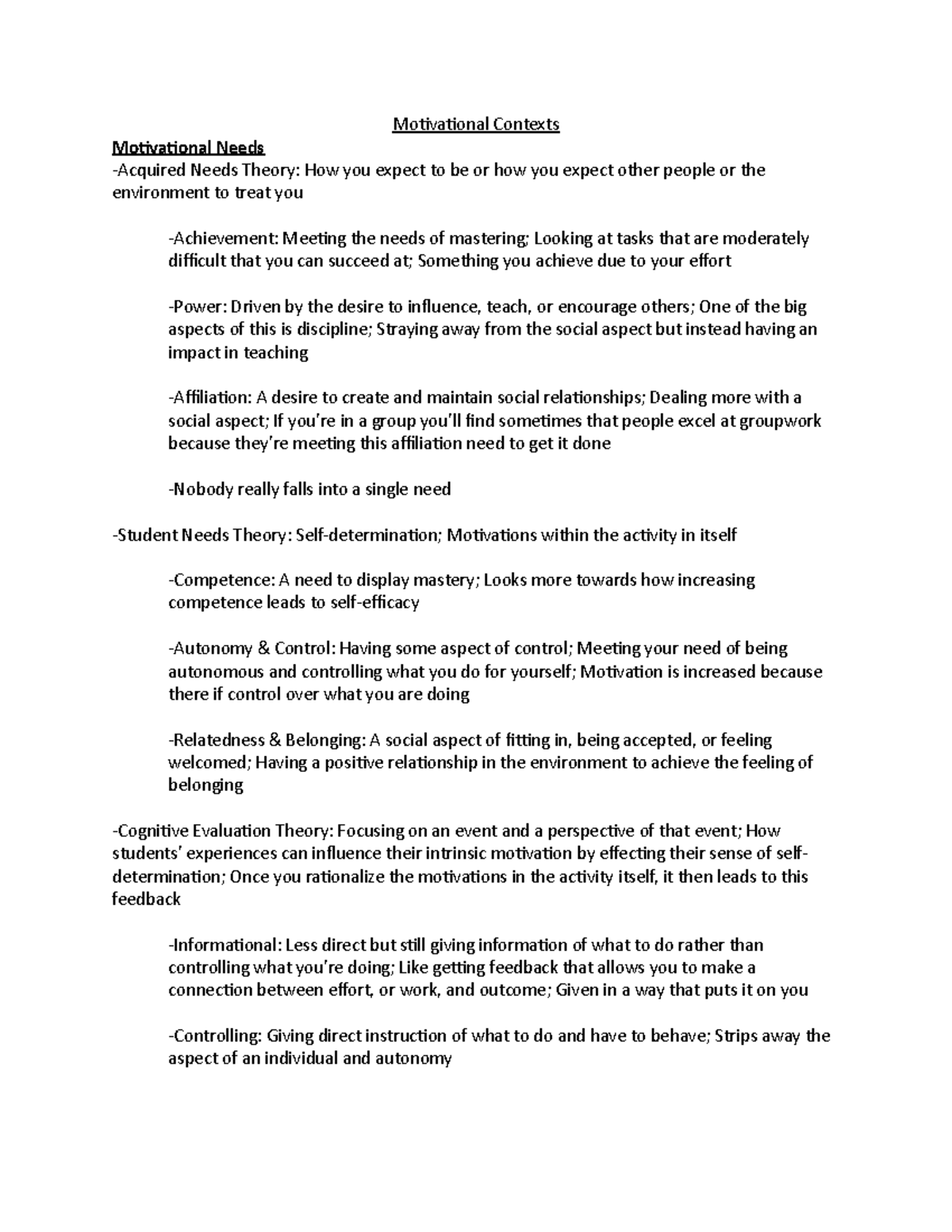 Motivational Context Notes - Motivational Contexts Motivational Needs ...