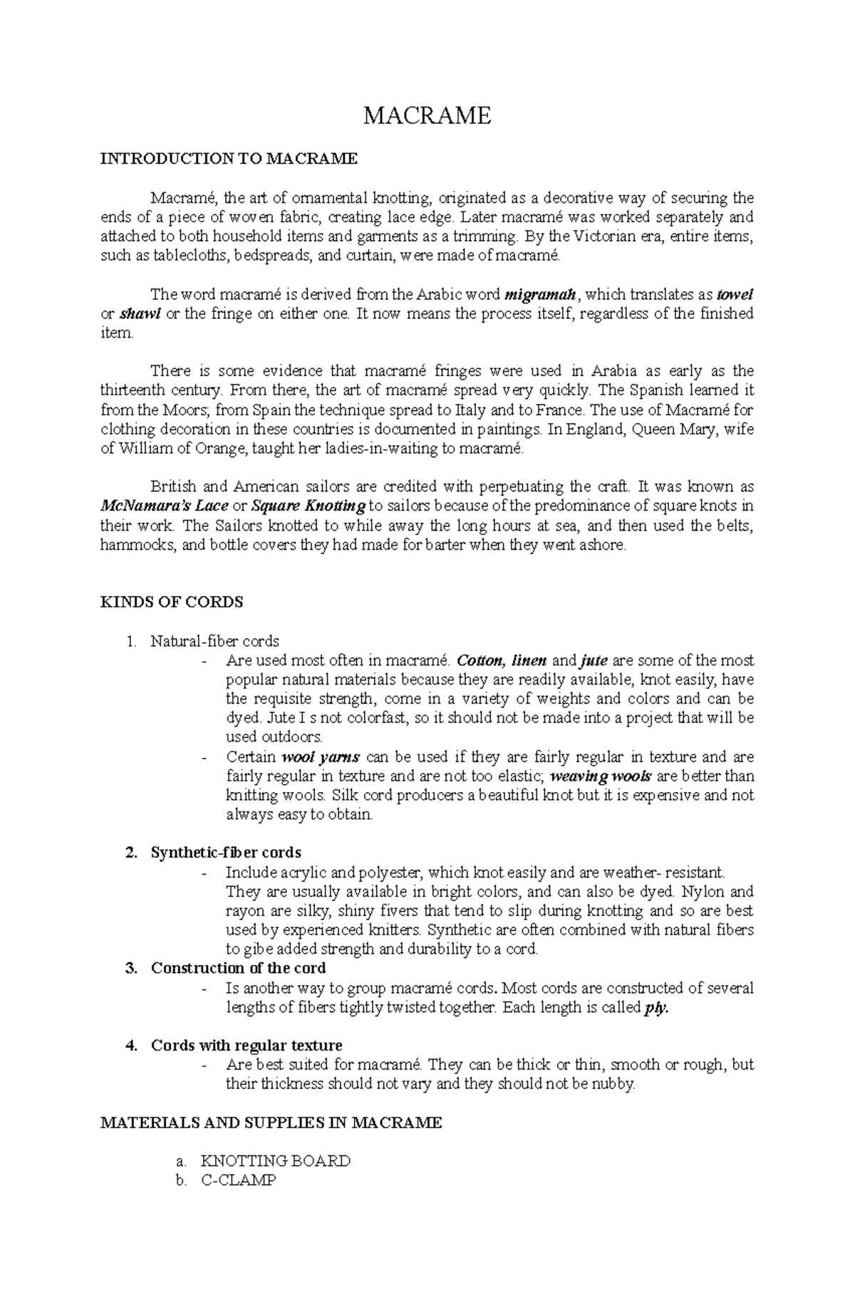 Macrame - Learning materials for Basic in TLE. - MACRAME INTRODUCTION ...