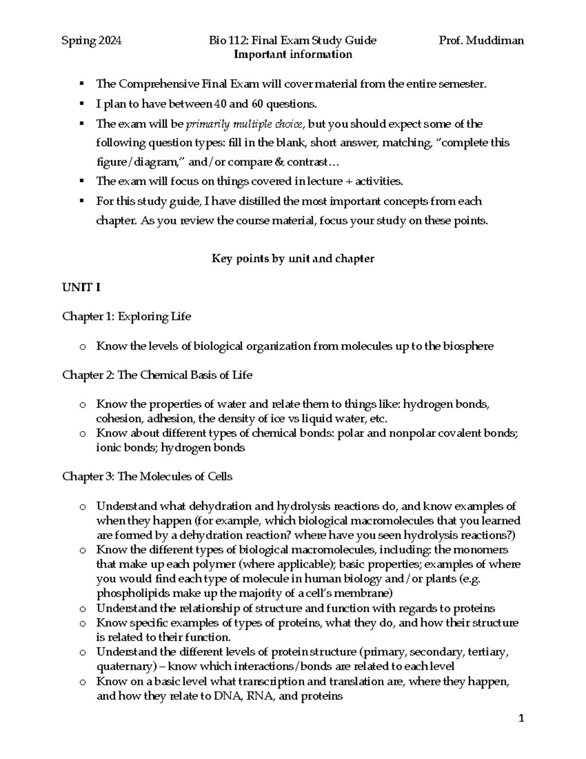 Final Exam Study Guide - Muddiman - S24 - Important information § The ...