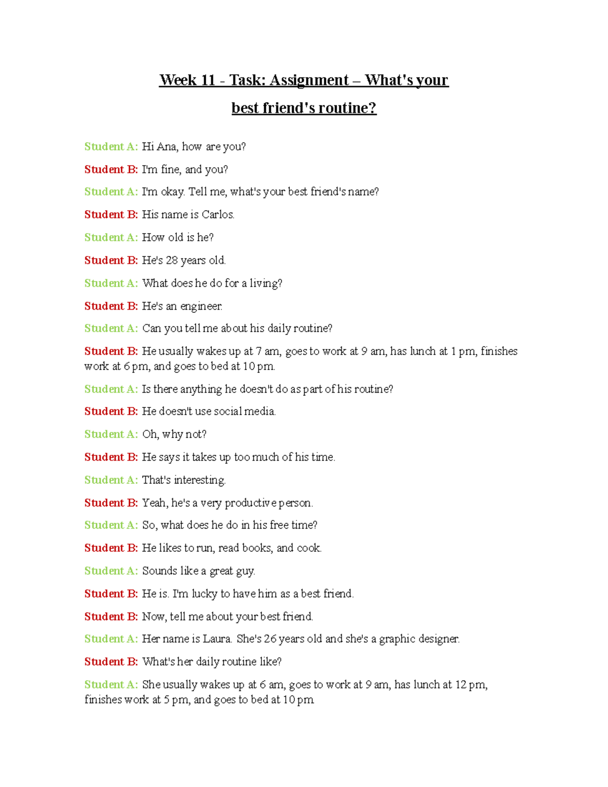 Week 11- English - TAREA - Week 11 - Task: Assignment – What's your best friend's routine ...