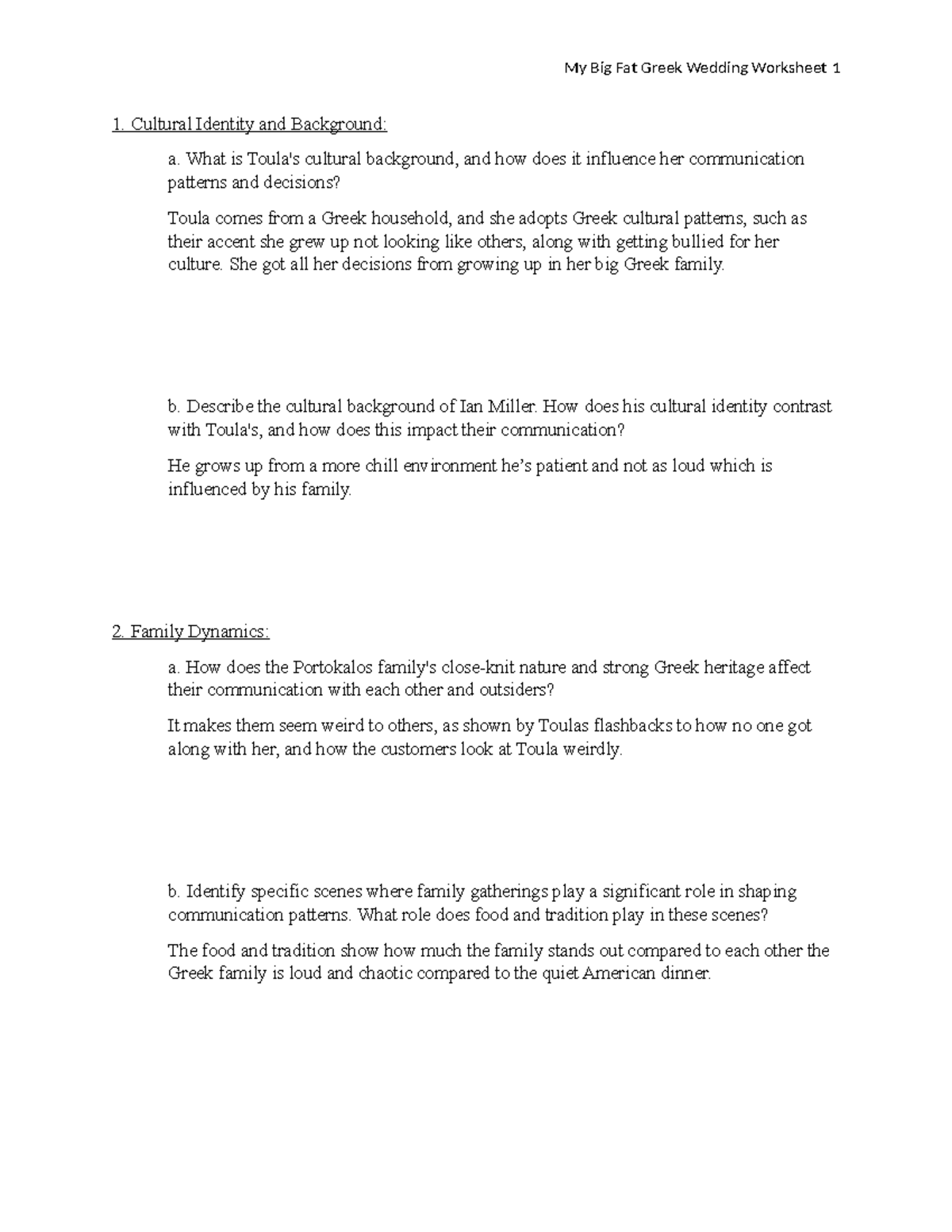 My Big Fat Greek Wedding Worksheet Lontayo - 1. Cultural Identity and ...