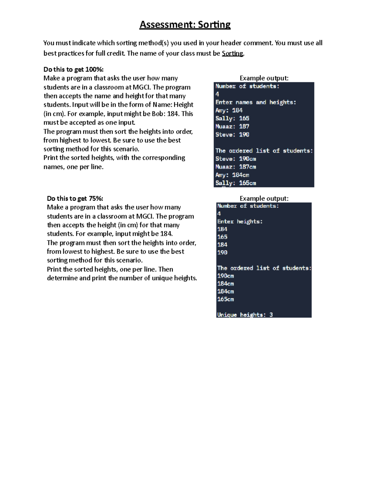 3.8 sorting assessment v2 spring 2022 - Assessment: Sorting You must ...