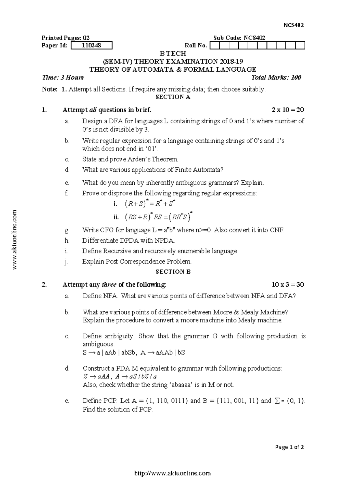 Btech cs 4 sem theory of automata and formal language ncs402 2019 - NCS Page 1 of 2 Printed ...