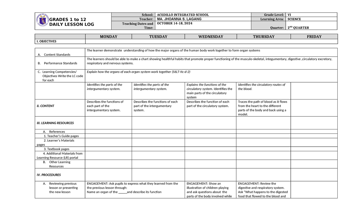 DLL Science 6 Q2 W3 - GRADES 1 to 12 DAILY LESSON LOG School: ACEDILLO ...