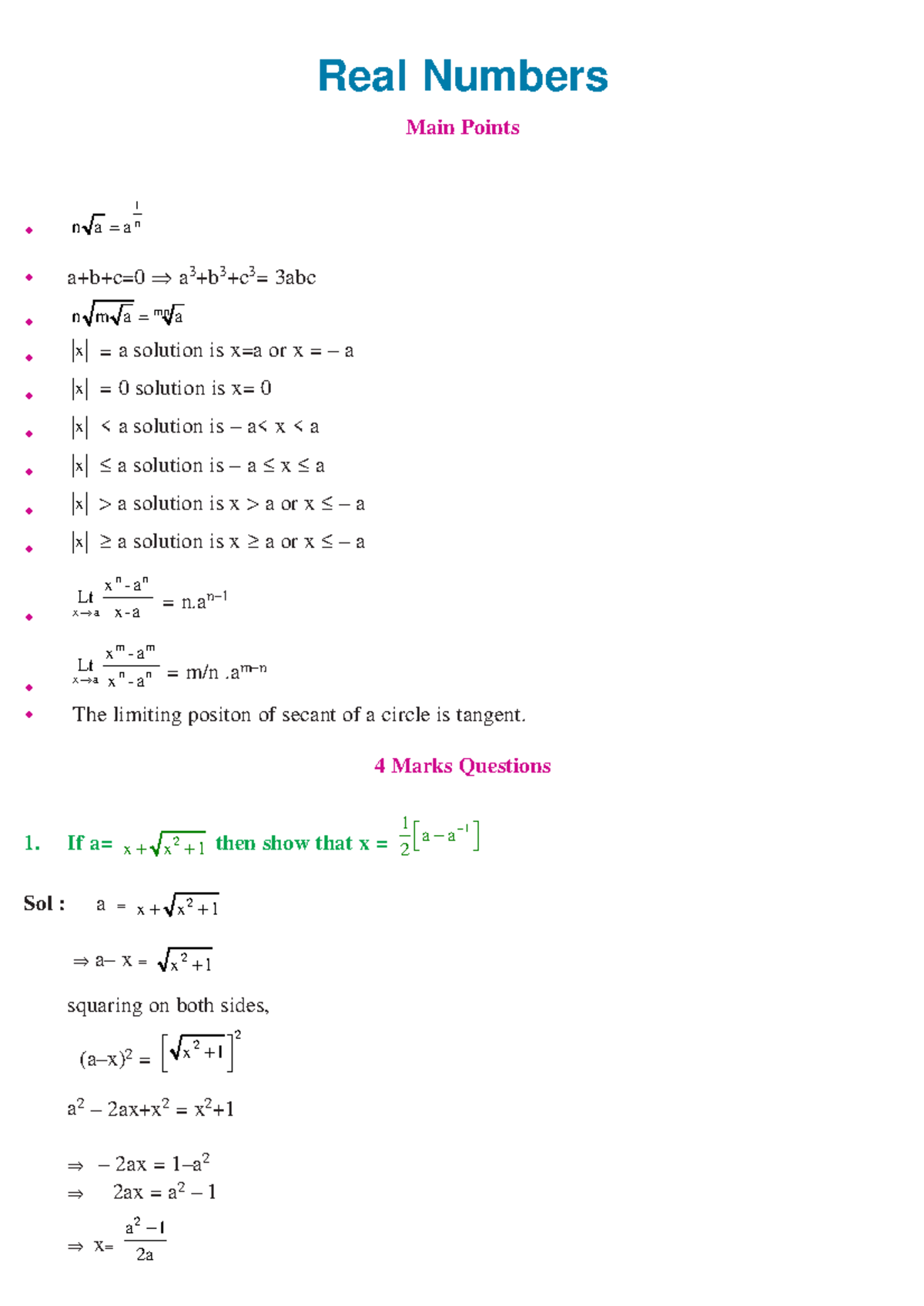 maths real numbers - Real Numbers Main Points a+b+c=0 ⇒ a 3 +b 3 +c 3 ...