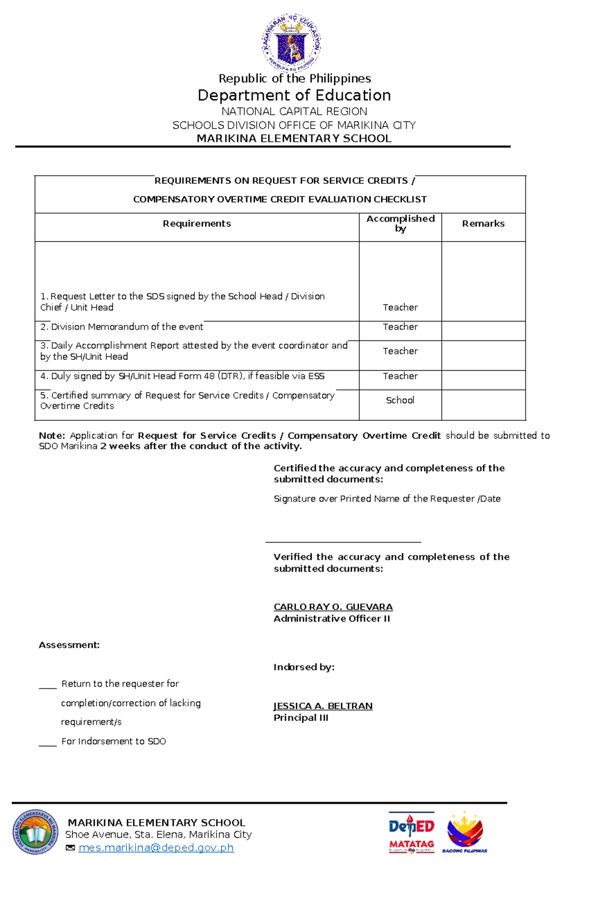 Request for Service Credits Checklist - Republic of the Philippines ...