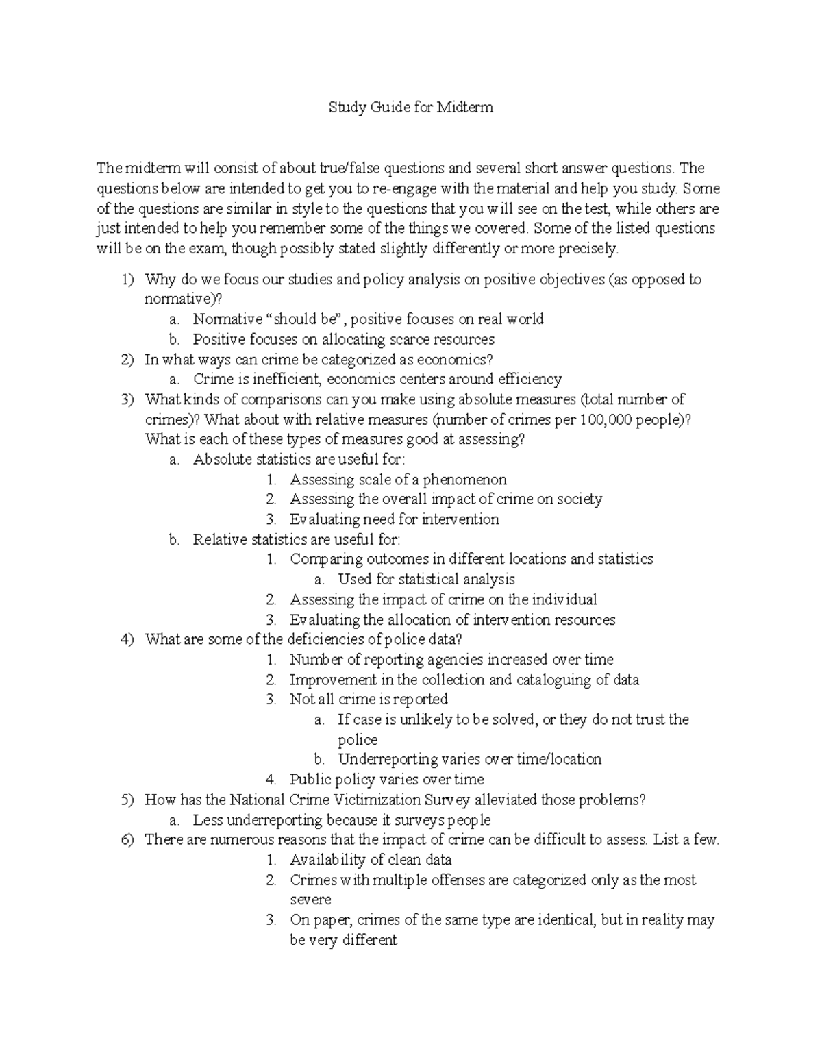 Study Guide Econ 190 Midterm Study Guide For Midterm The Midterm Will