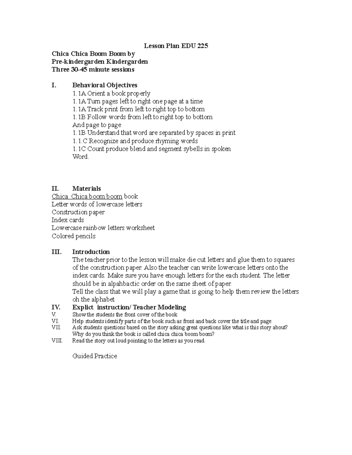 Lesson Plan Early childhood indicators- chica chica boom boom s e m ...