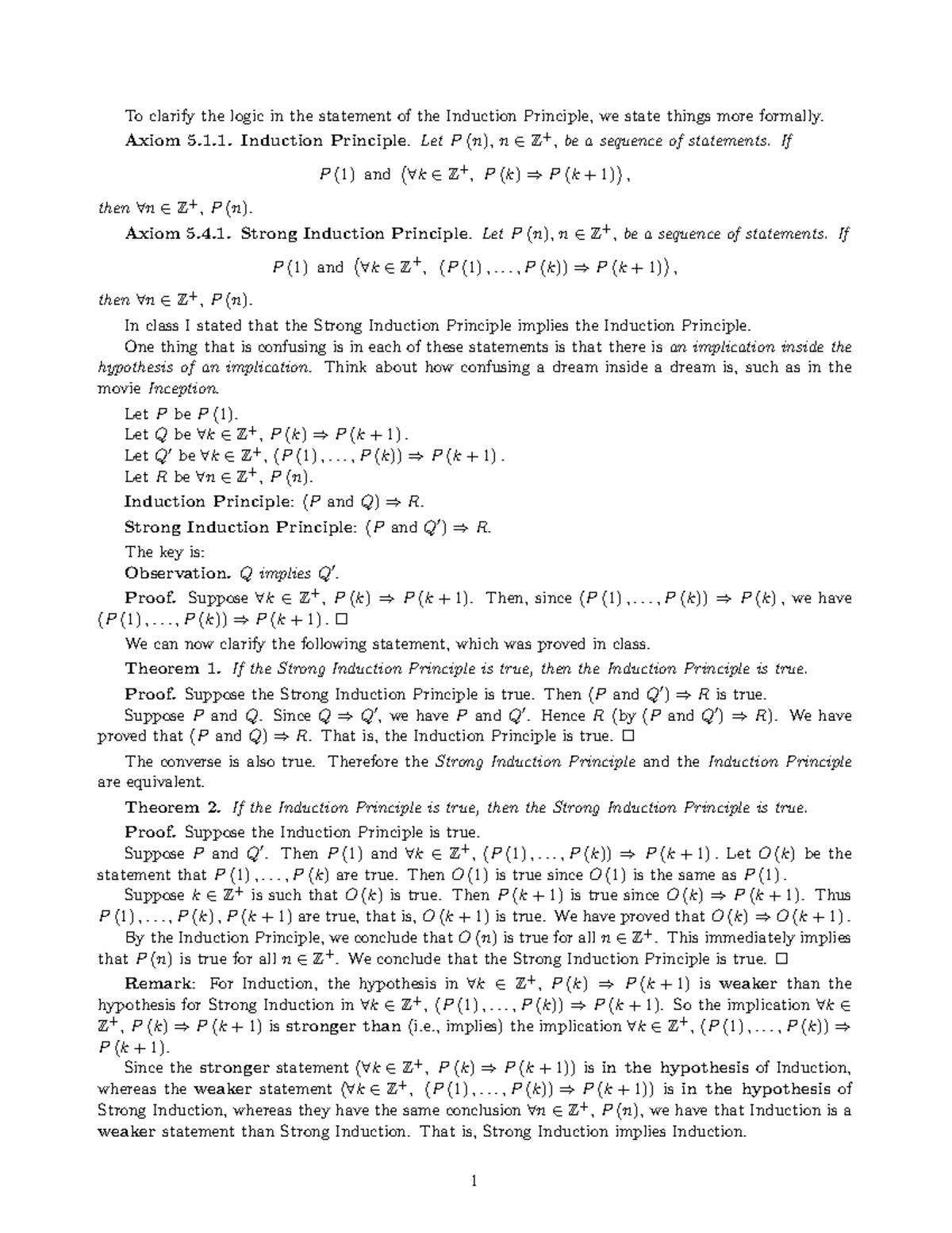 Induction vs strong induction - To clarify the logic in the statement ...