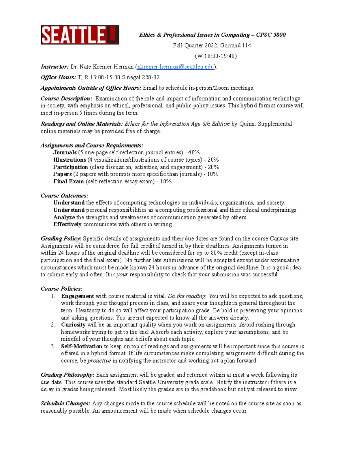 Cpsc5800 syllabus fall 2022 - Ethics & Professional Issues in Computing ...