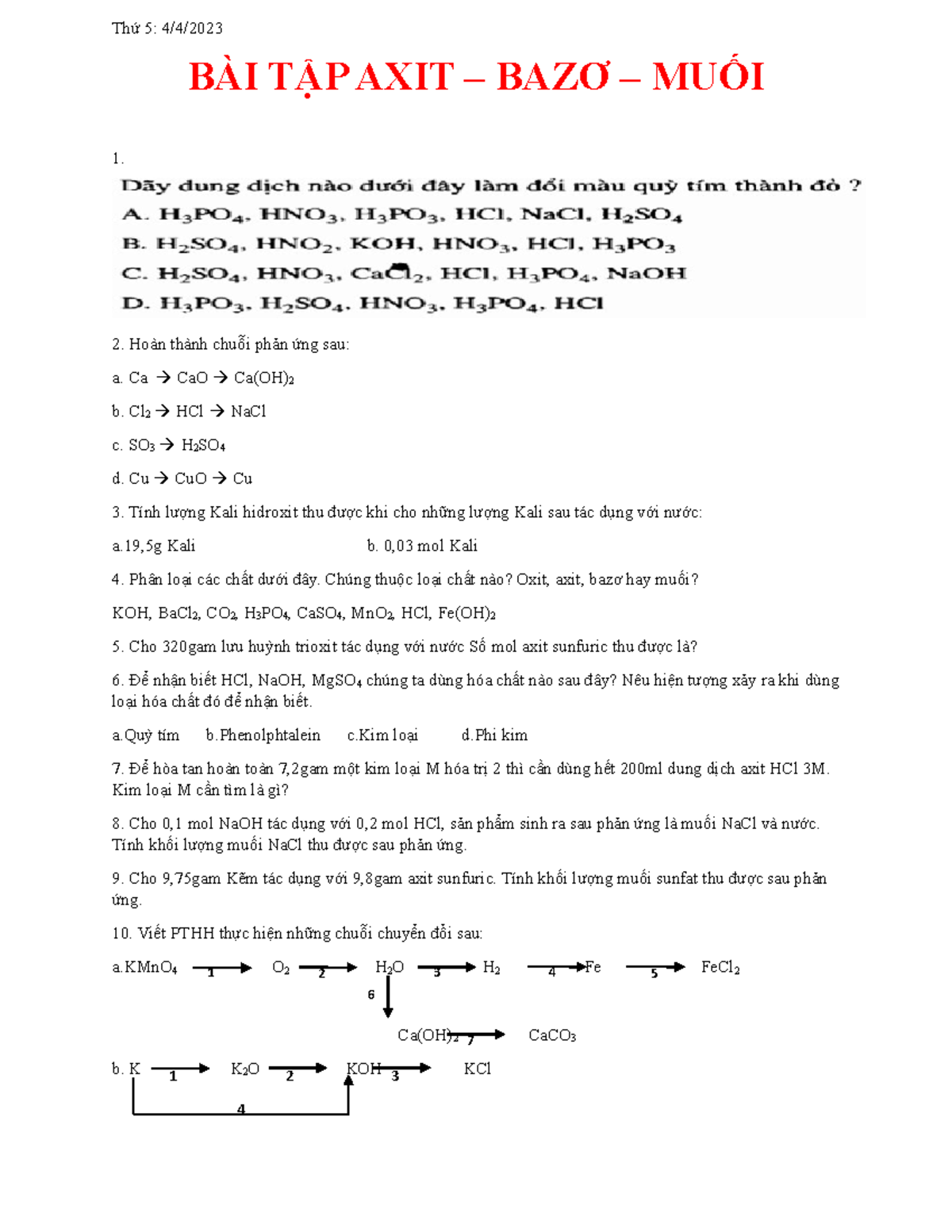 Bài tập axit - bazo - muối - Thứ 5: 4/4/ BÀI TẬP AXIT – BAZƠ – MUỐI 1 ...