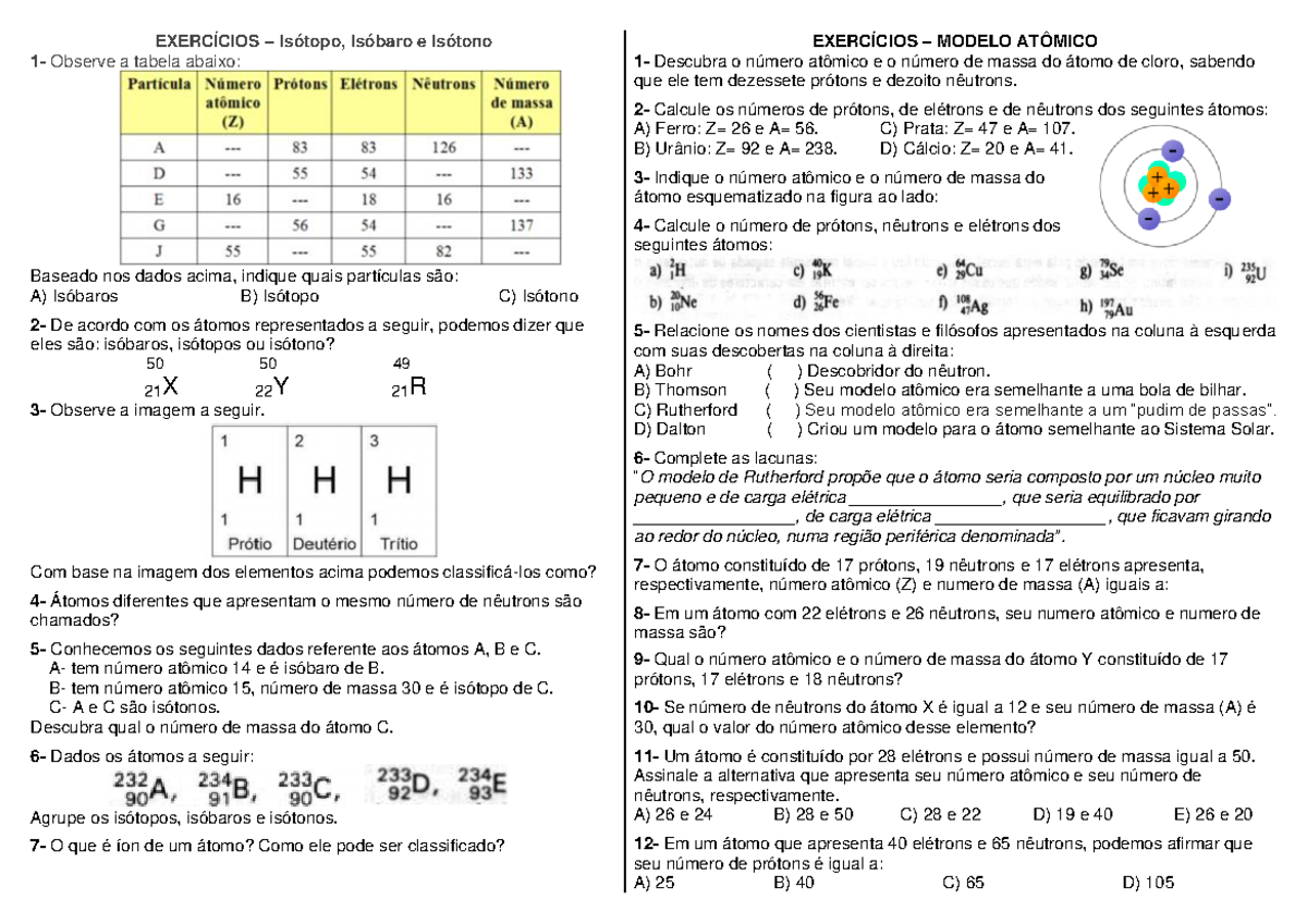 Exercícios isotopos isobaros e isotonos - EXERCÍCIOS – Isótopo, Isóbaro ...