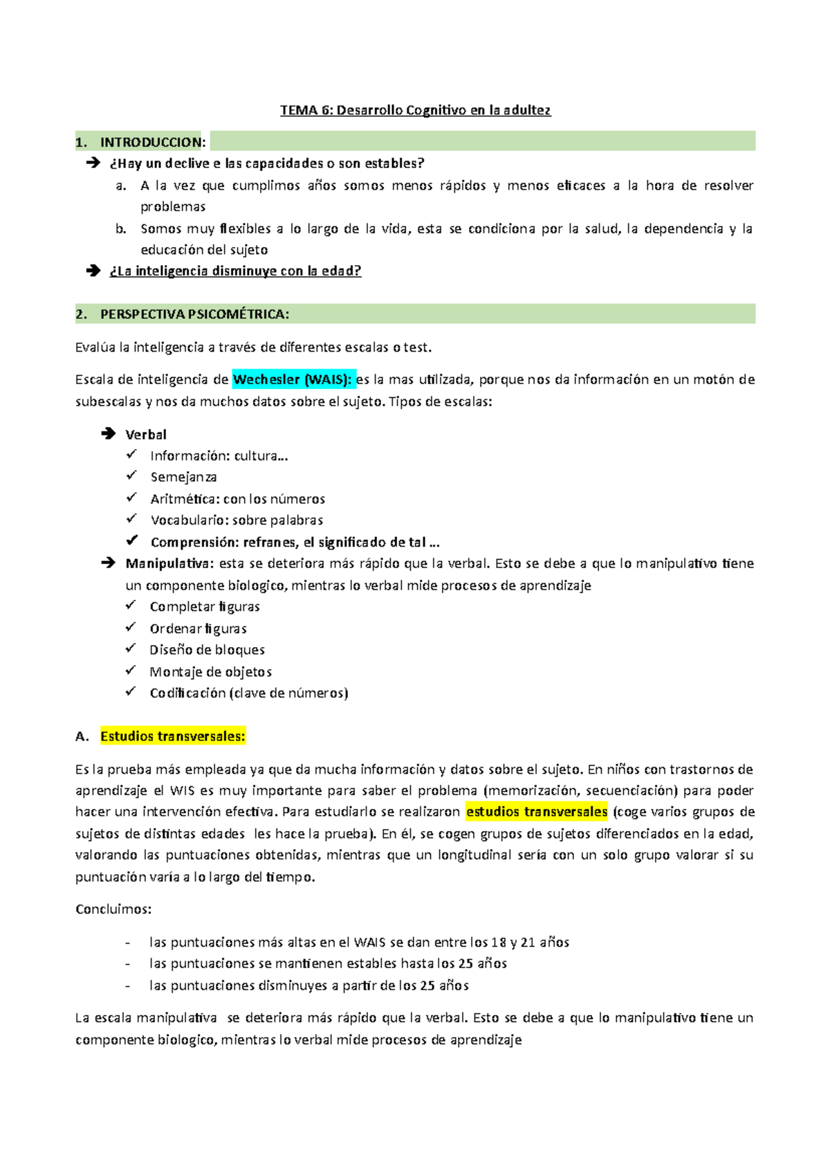 TEMA 6 - desarrollo cognitivo en la adultez - TEMA 6: Desarrollo Cognitivo en la adultez 1 ...