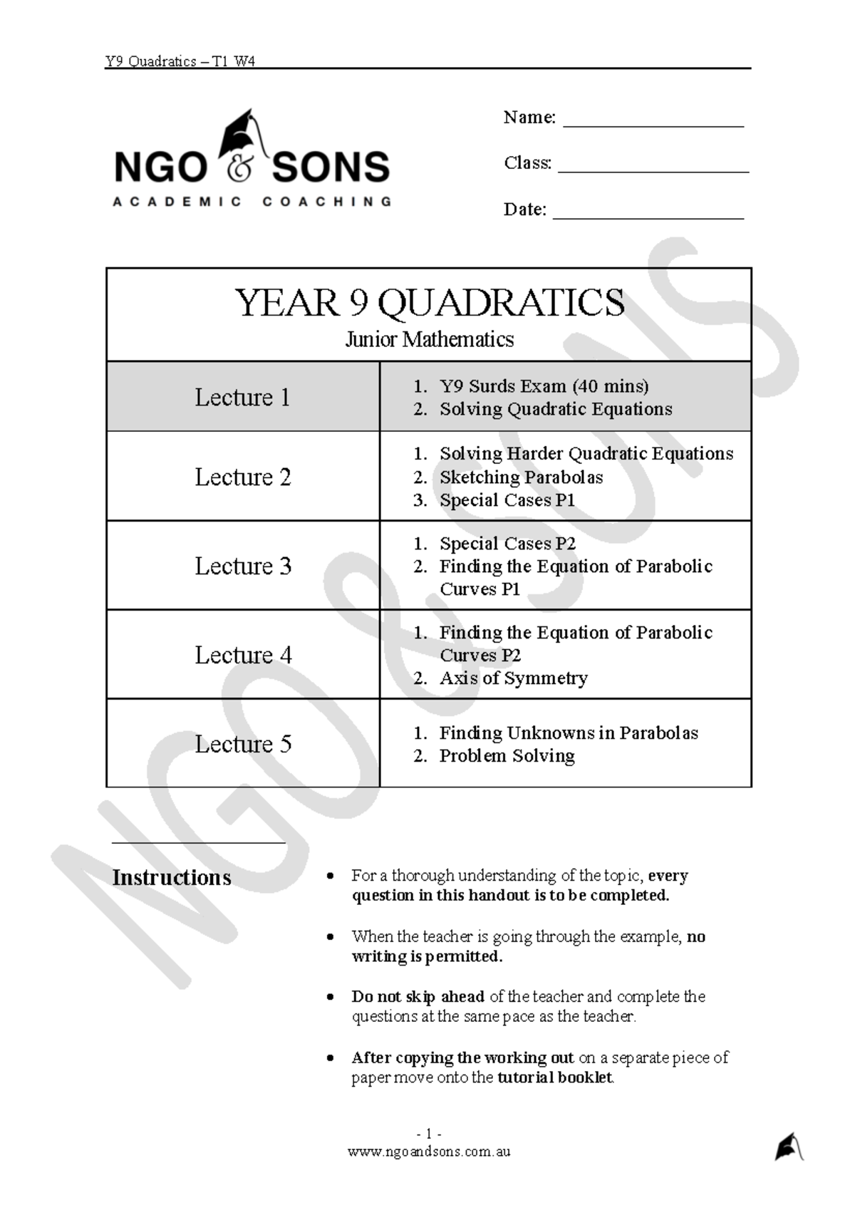 W4 Booklet (Y9 Quadratics) Classwork - Y9 Quadratics – T1 W4 _ - 1 ...
