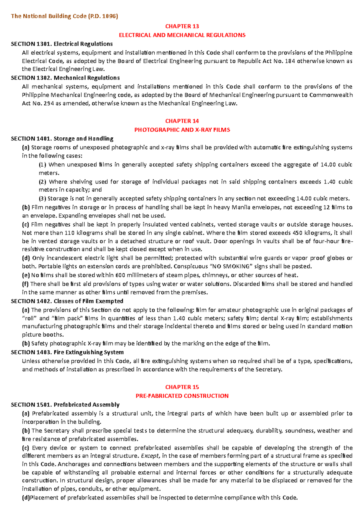 PD 1096 Chapter 13, 14, 15 010622 - The National Building Code (P. 1096 ...