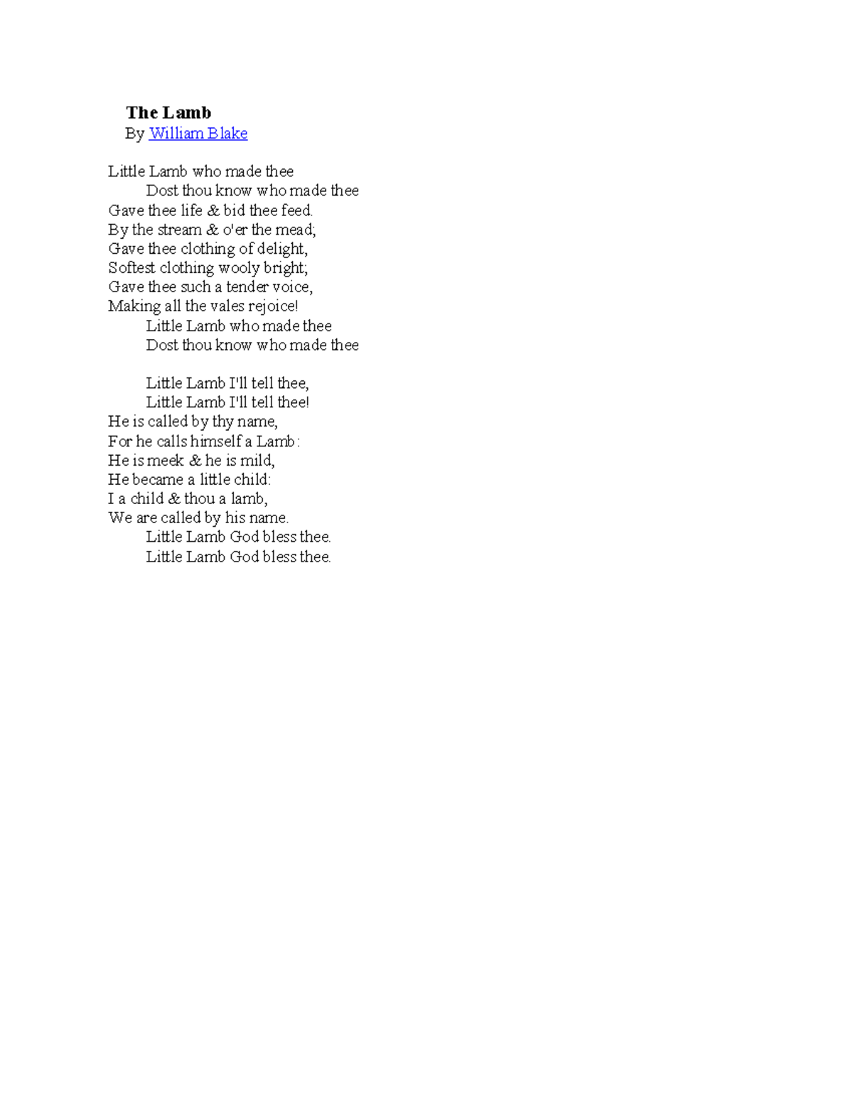 Blake Poem Notes - The Lamb By William Blake Little Lamb who made thee ...